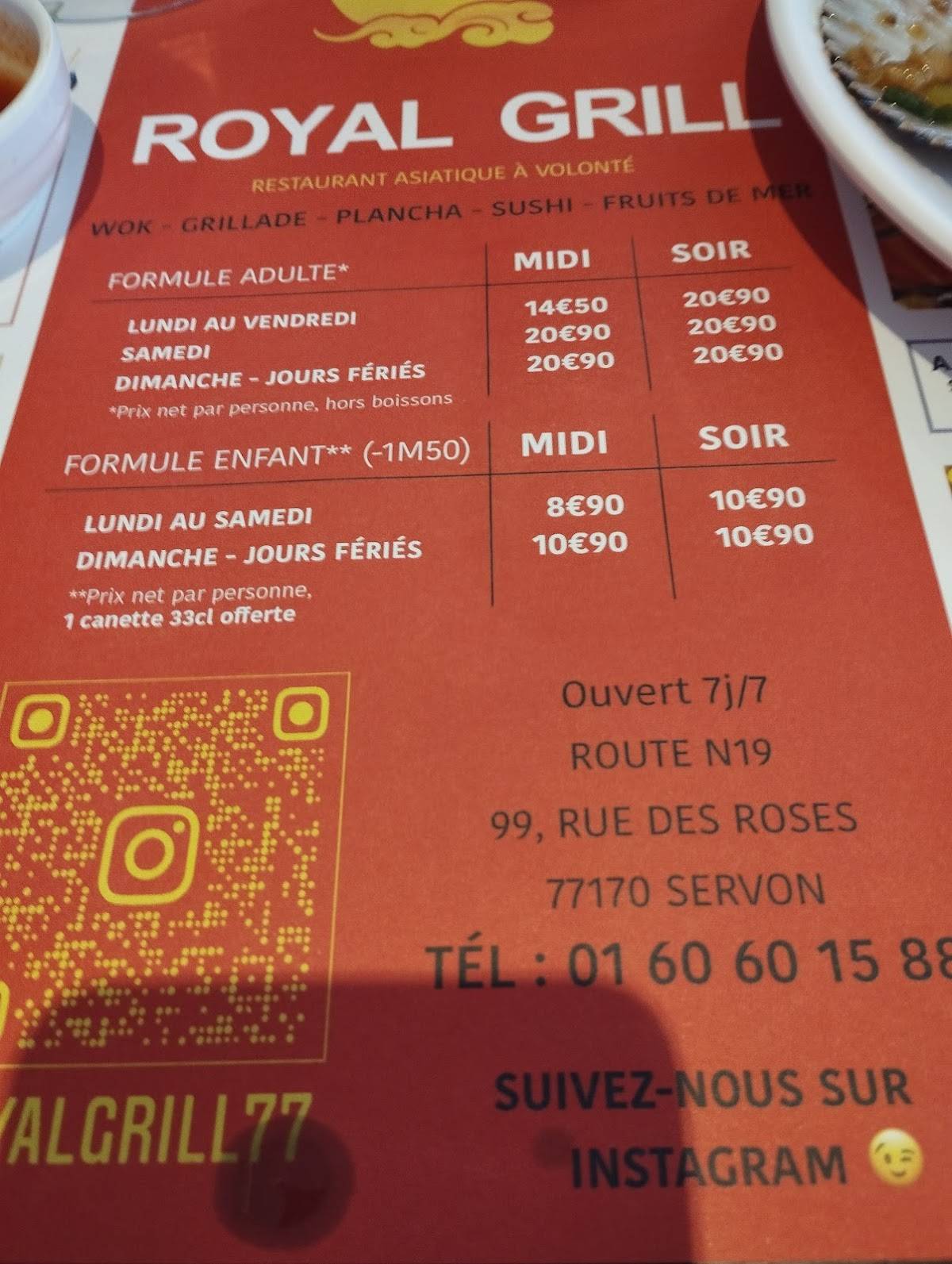 Menu au Royal Grill restaurant, Servon