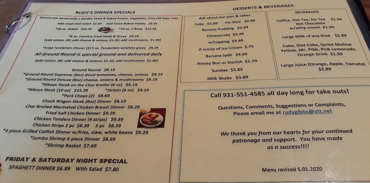Menu at Rudy's Diner restaurant, Clarksville