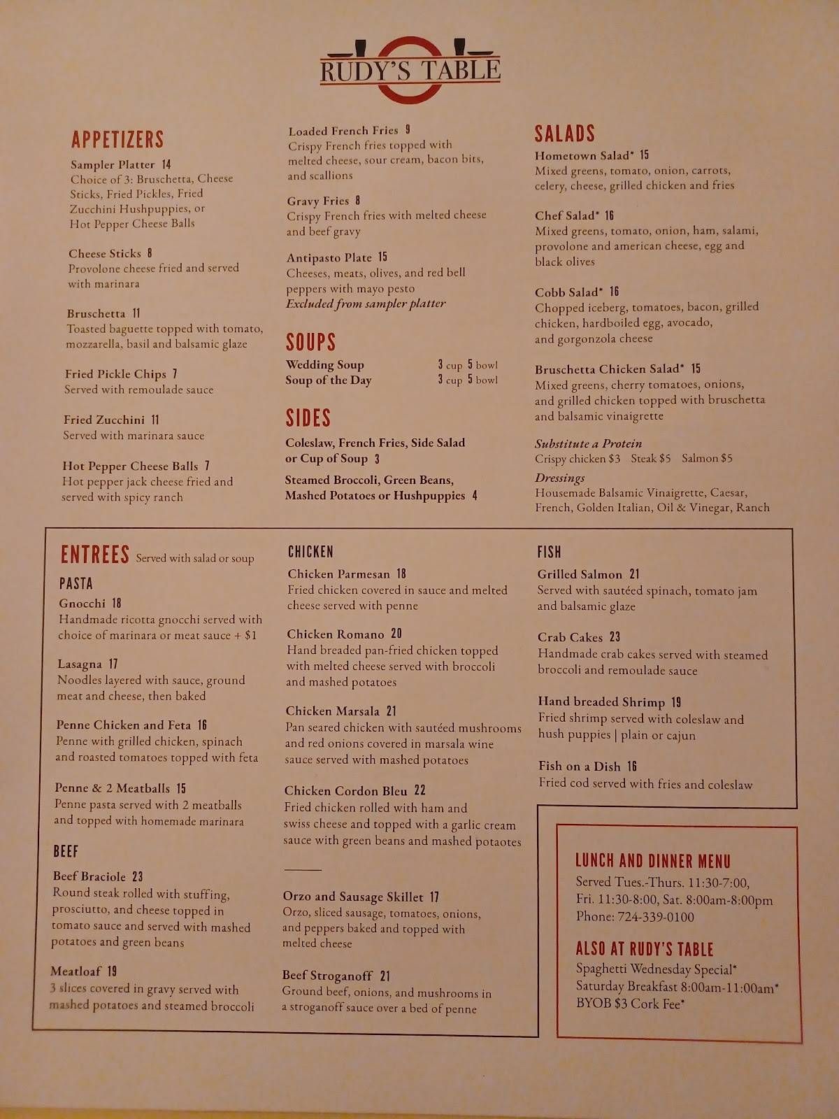 Menu at Rudy's Table restaurant, Lower Burrell