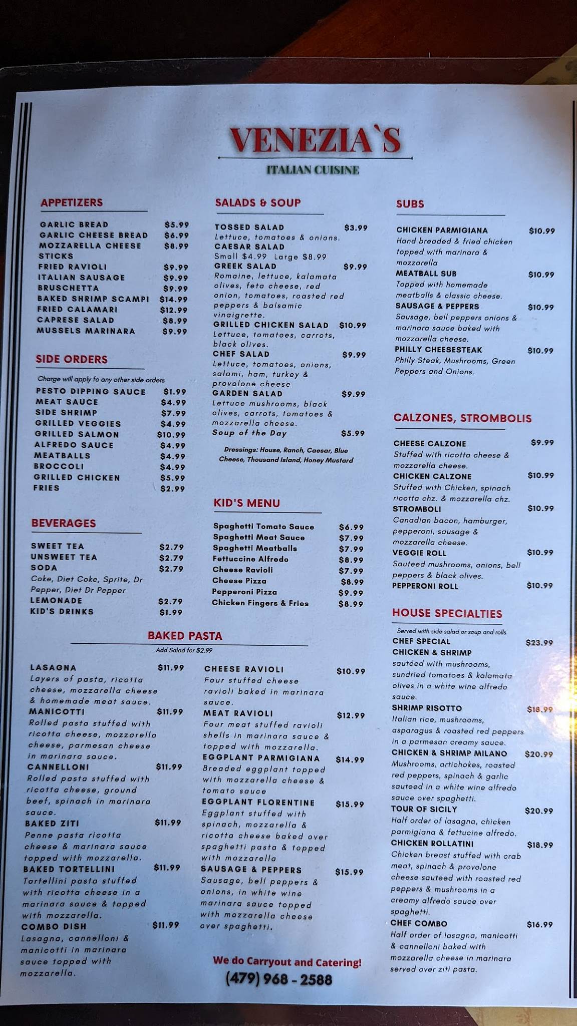 Menu at Venezia's Pizza & Pasta restaurant, Russellville