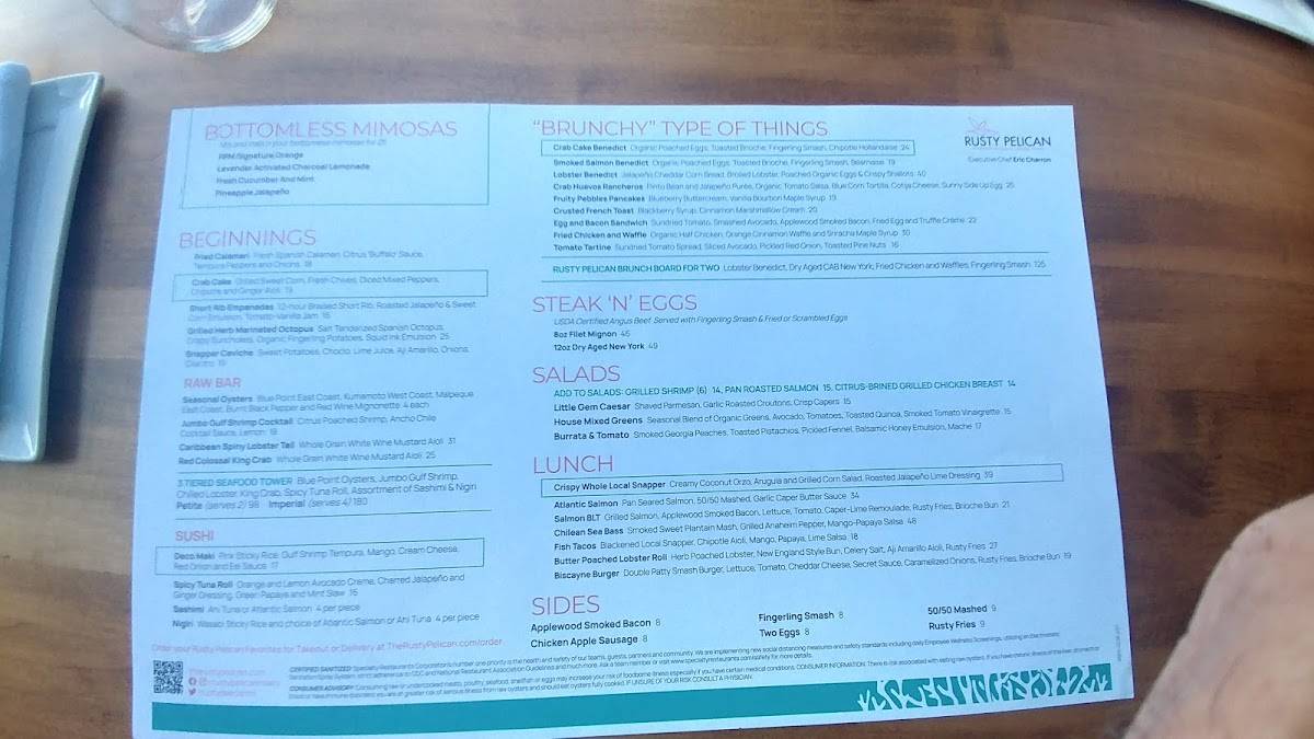 Menu at Rusty Pelican Miami restaurant, Miami, Rickenbacker Cswy