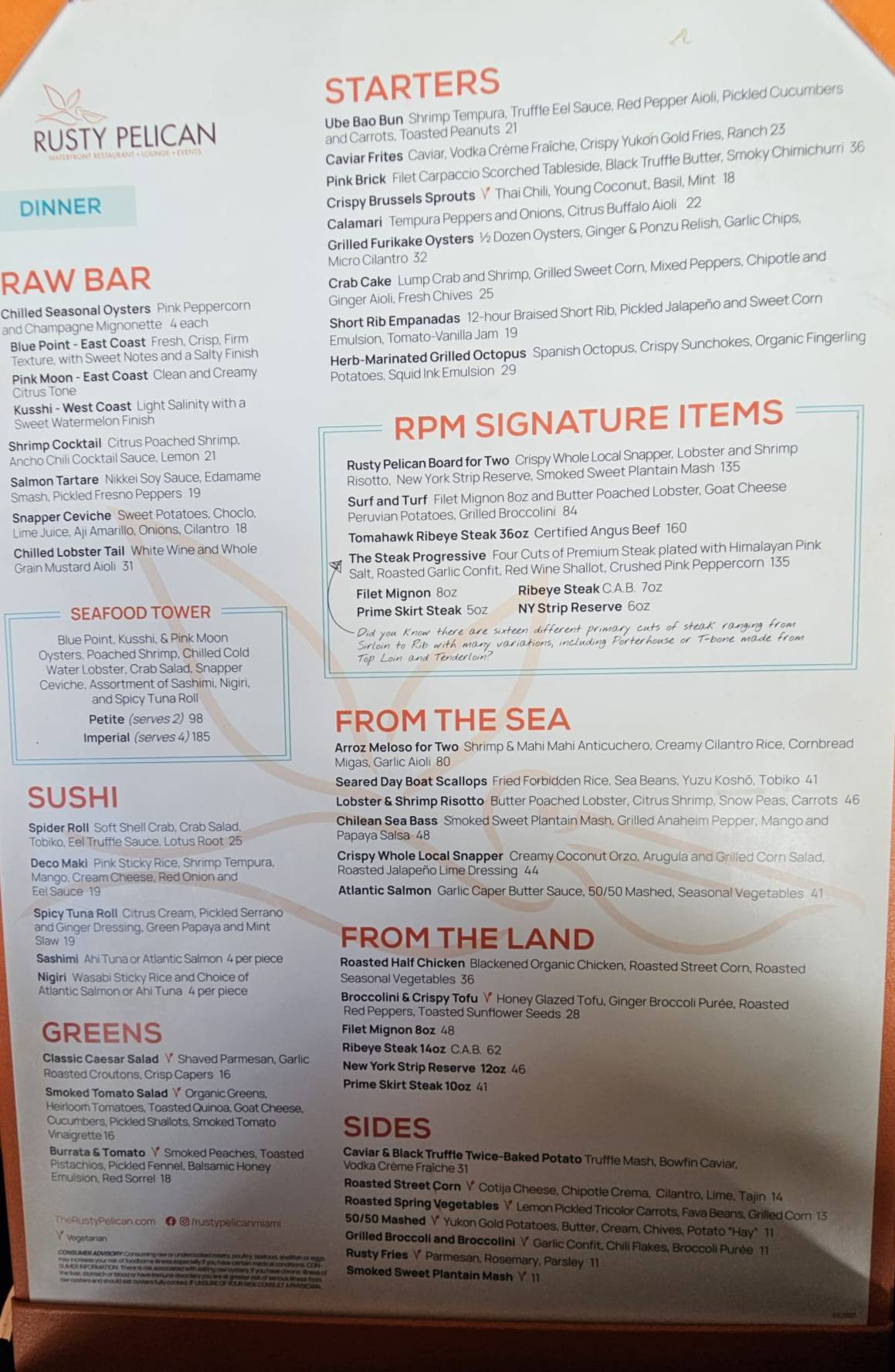 Menu at Rusty Pelican Miami restaurant, Miami, Rickenbacker Cswy