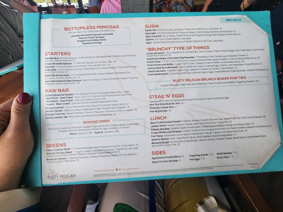 Menu at Rusty Pelican Miami restaurant, Miami, Rickenbacker Cswy