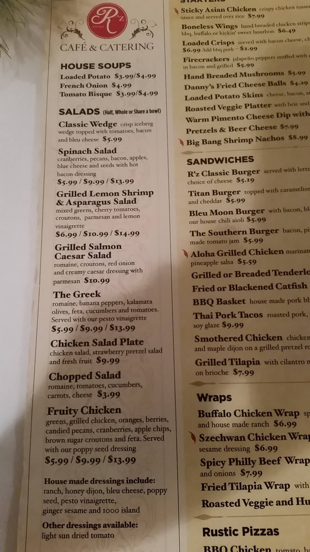 Menu at R'z Cafe And Catering, Fort Branch