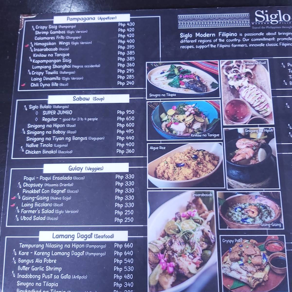 Menu at SIGLO MODERN FILIPINO restaurant, Tagaytay, Tagaytay - Calamba Rd