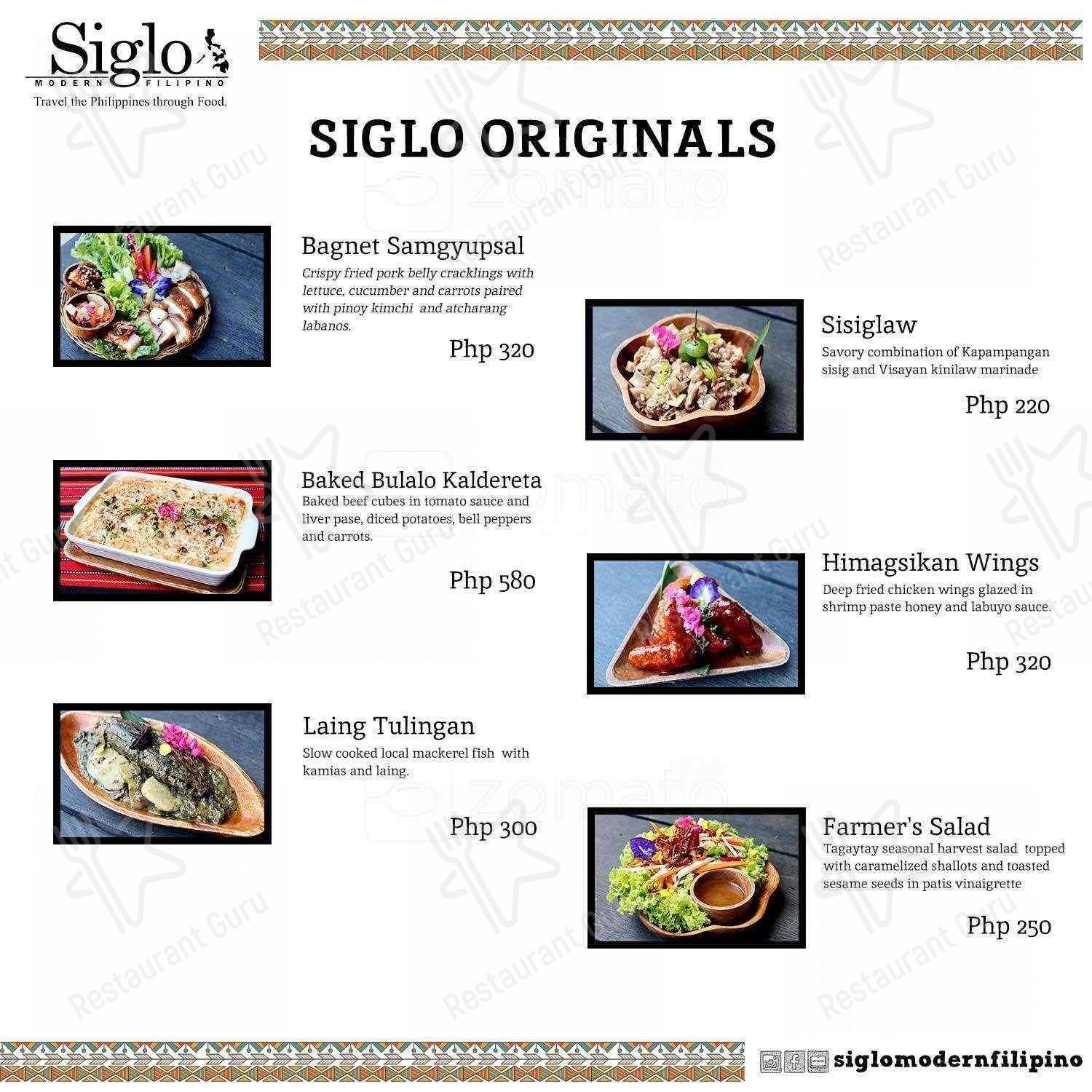 Menu at SIGLO MODERN FILIPINO restaurant, Tagaytay, Tagaytay - Calamba Rd