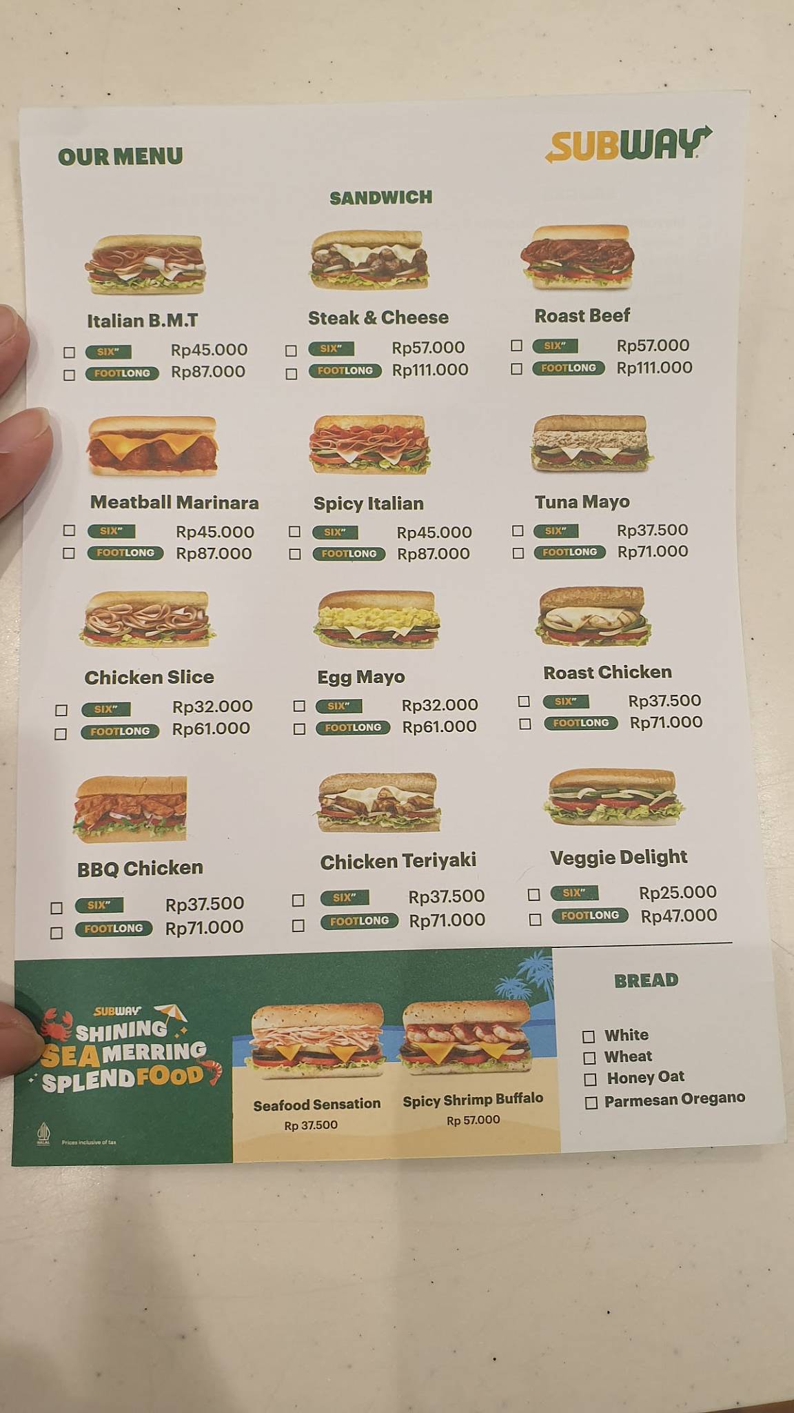 Menu at SUBWAY - Rawamangun restaurant, East Jakarta