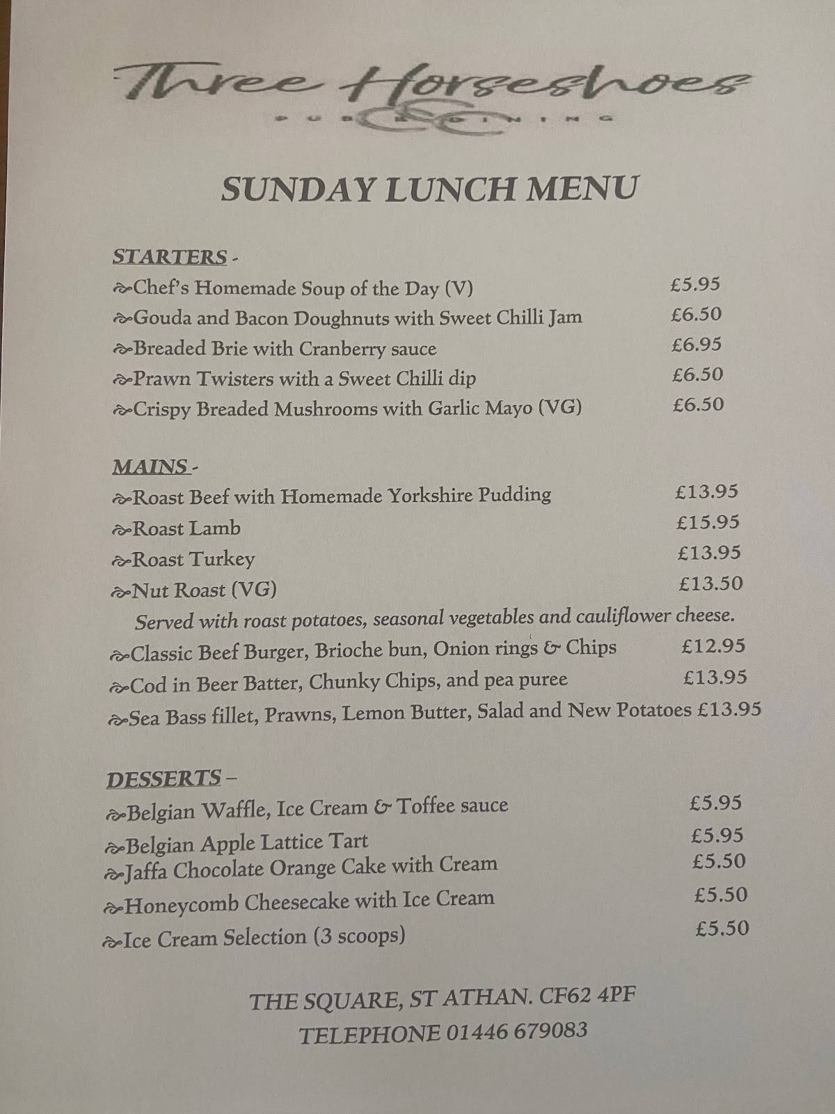 Menu at The Three Horseshoes pub & bar, Saint Athan