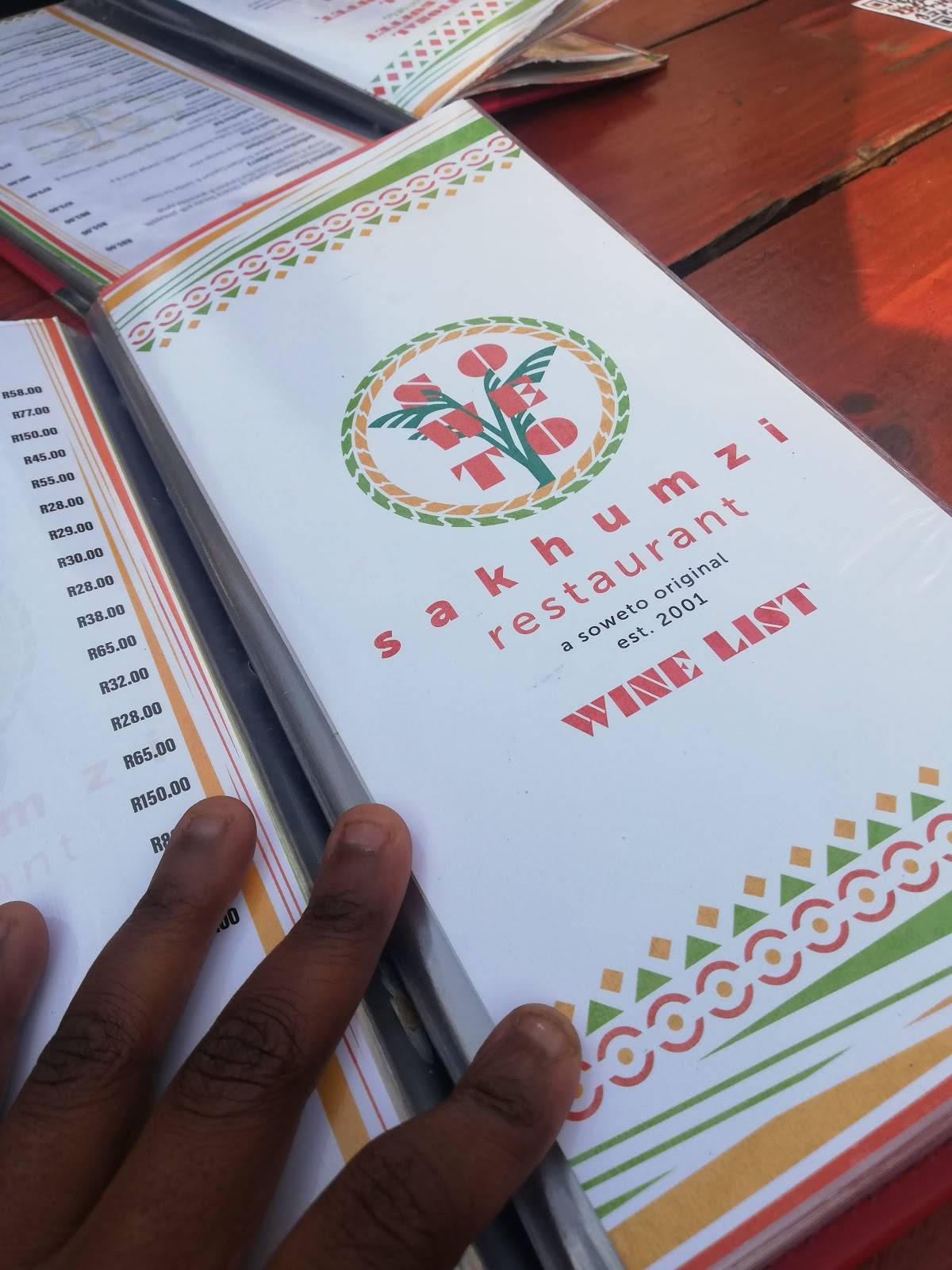 Menu at Sakhumzi Restaurant, Soweto