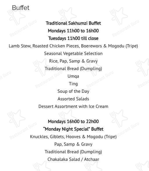 Menu at Sakhumzi Restaurant, Soweto