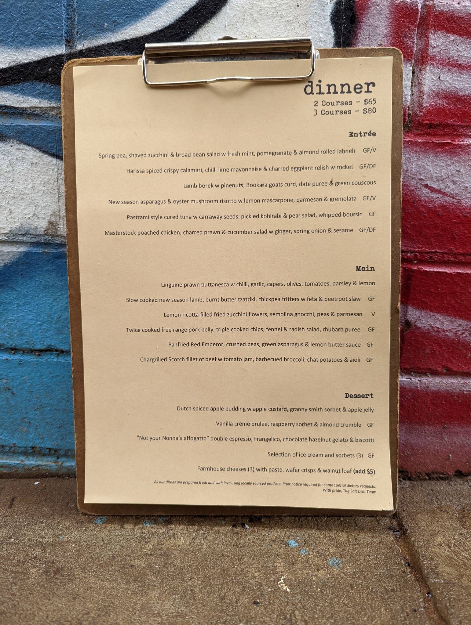 Menu at Salt Dish restaurant, Geraldton