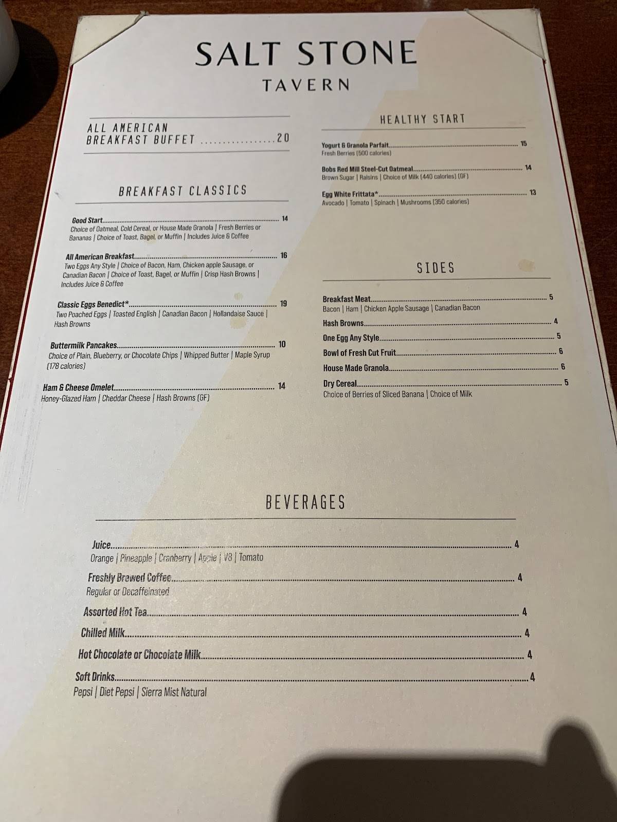 Menu at Salt Stone restaurant, Salt Lake City