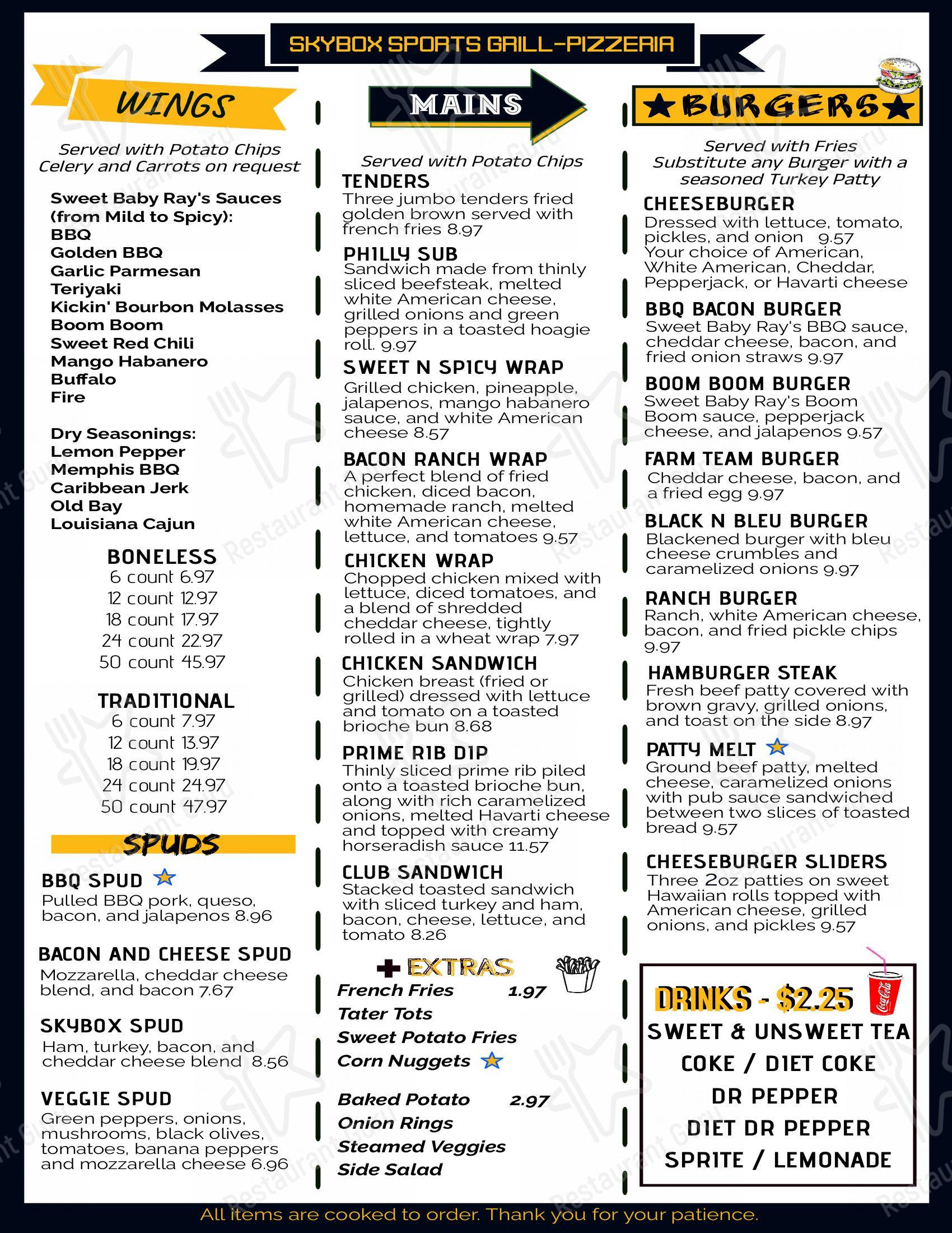 Menu at Skybox pub & bar, Saltillo