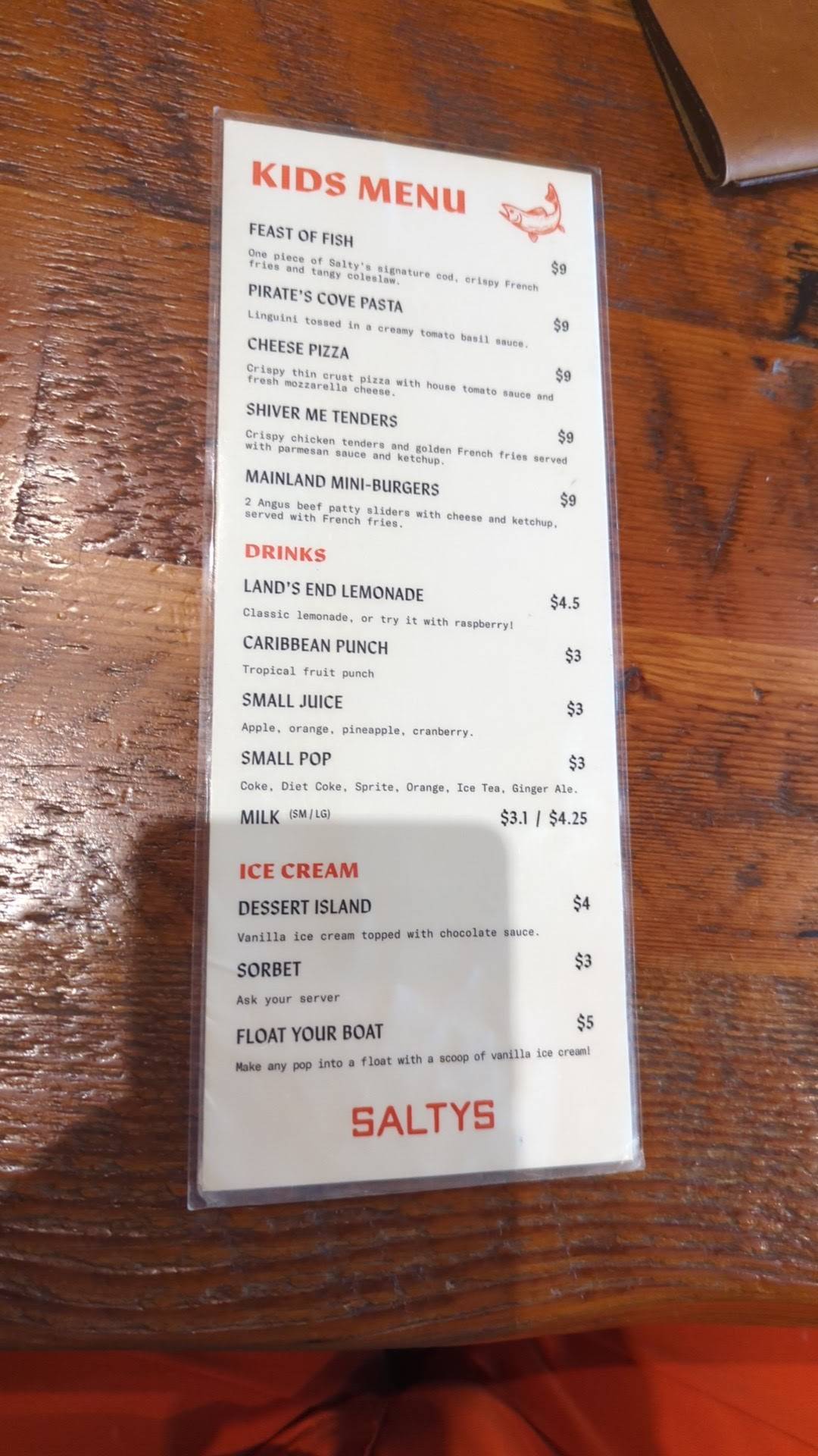 Menu at Salty's Beach House restaurant, Penticton