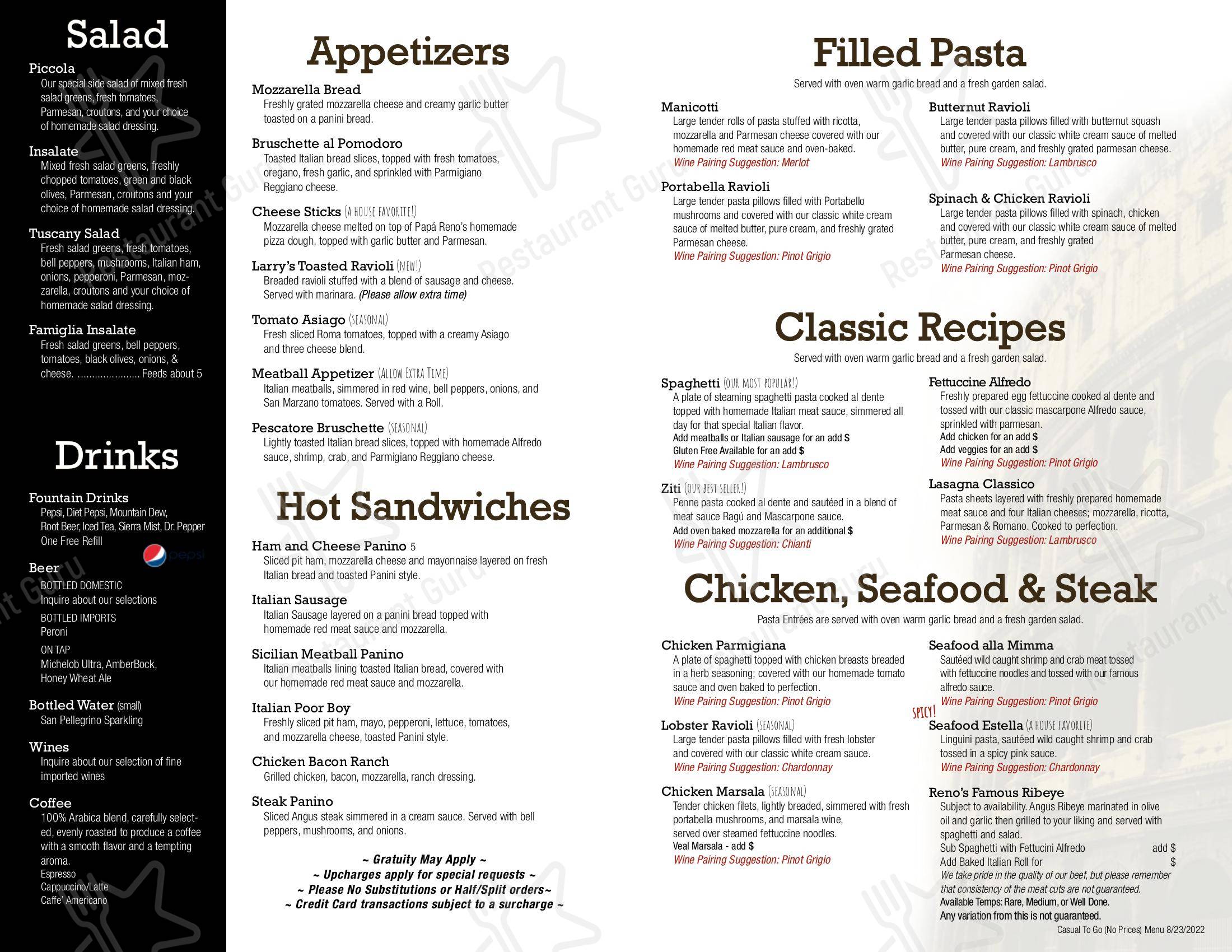 Menu at Salvatores by Papà Reno Italian Restaurant, Muscatine
