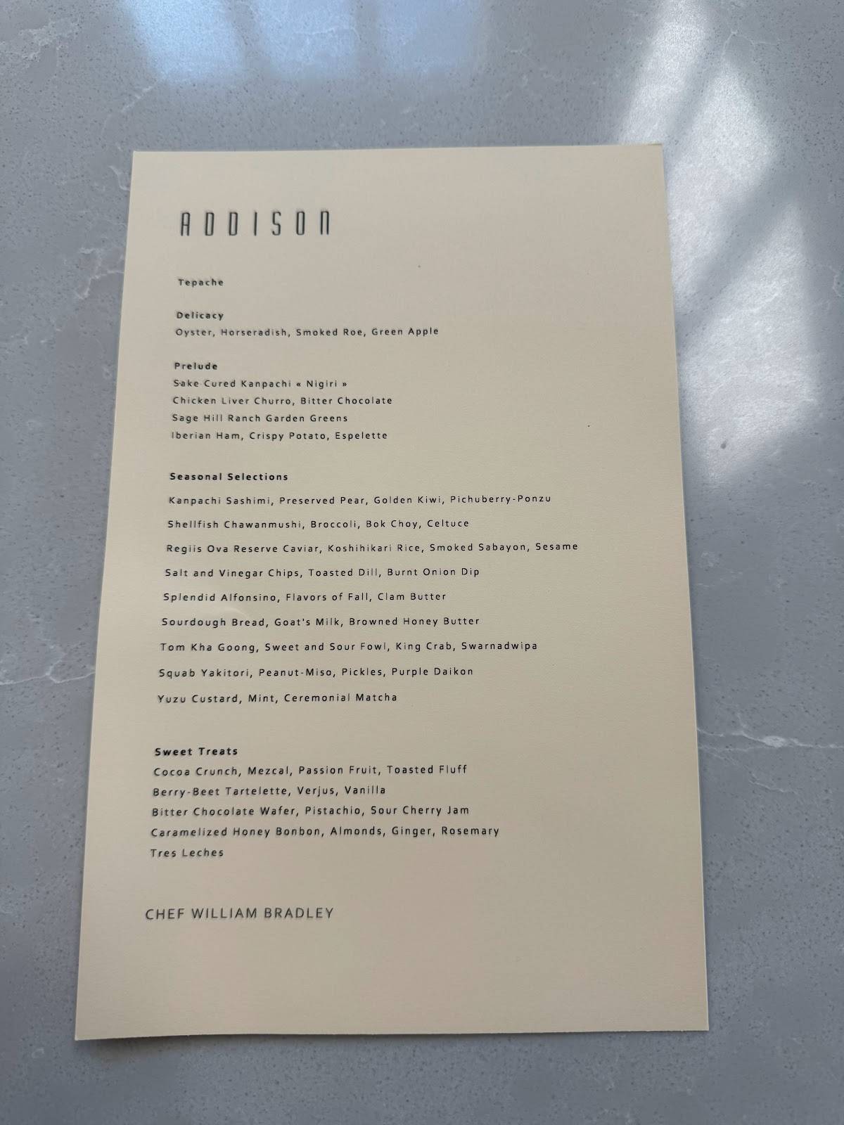 Menu at ADDISON restaurant, San Diego