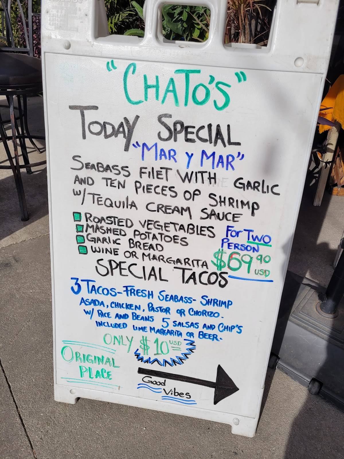 Carta del restaurante Chato's, San José del Cabo