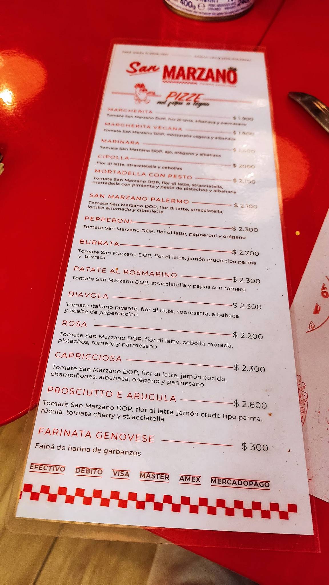 Carta de San Marzano Pizzeria Napoletana, Buenos Aires
