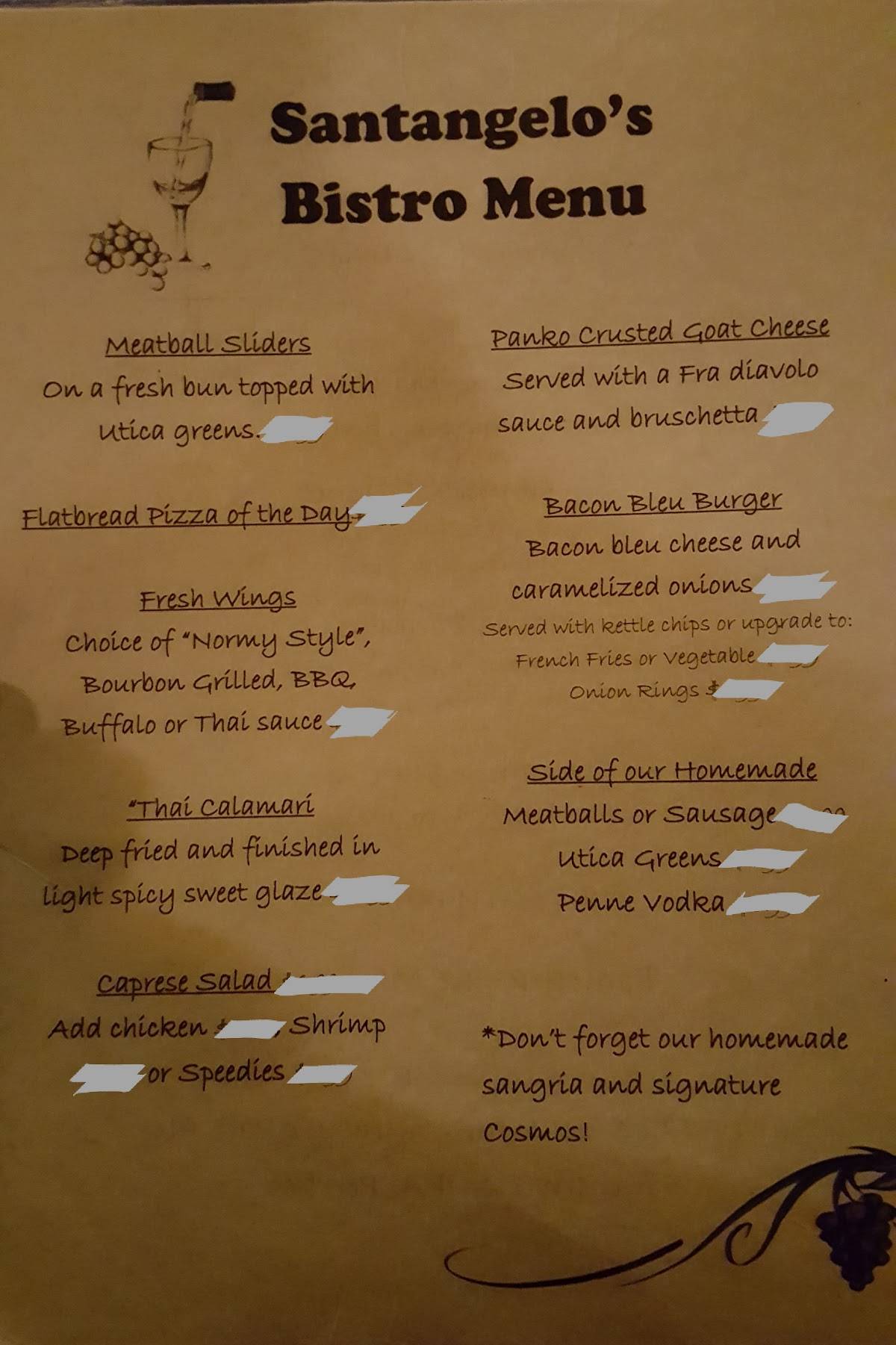 Menu at Santangelo's Restaurant, Liverpool