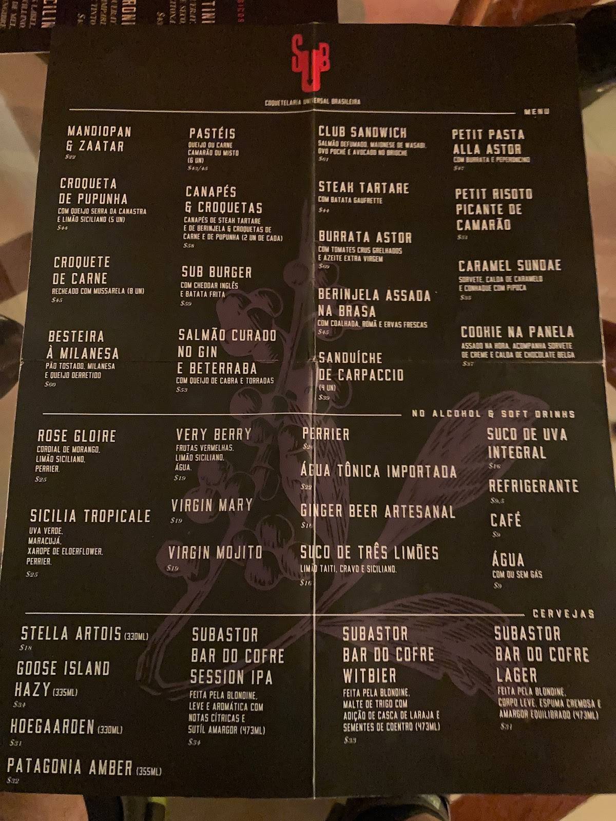Menu em SubAstor Bar do Cofre, São Paulo, R. João Brícola