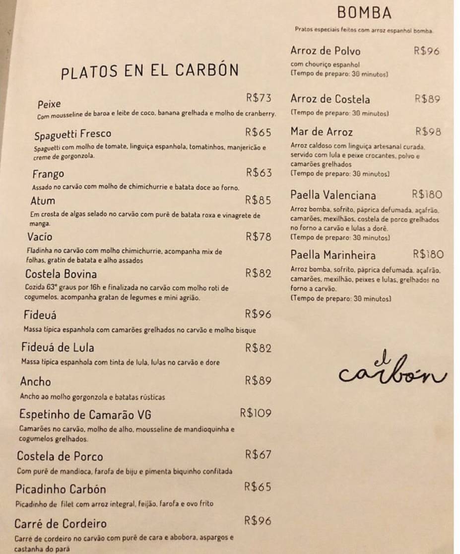 Menu em El Carbón restaurante, São Paulo, R. Pamplona