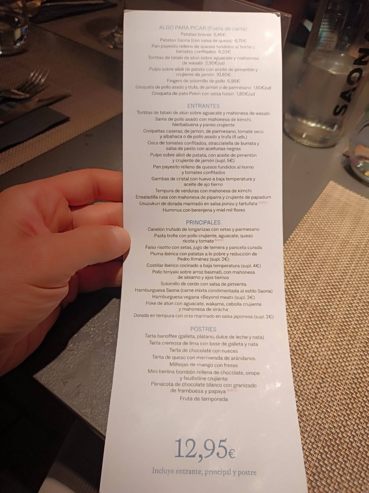 Carta del restaurante Saona Aribau, Barcelona