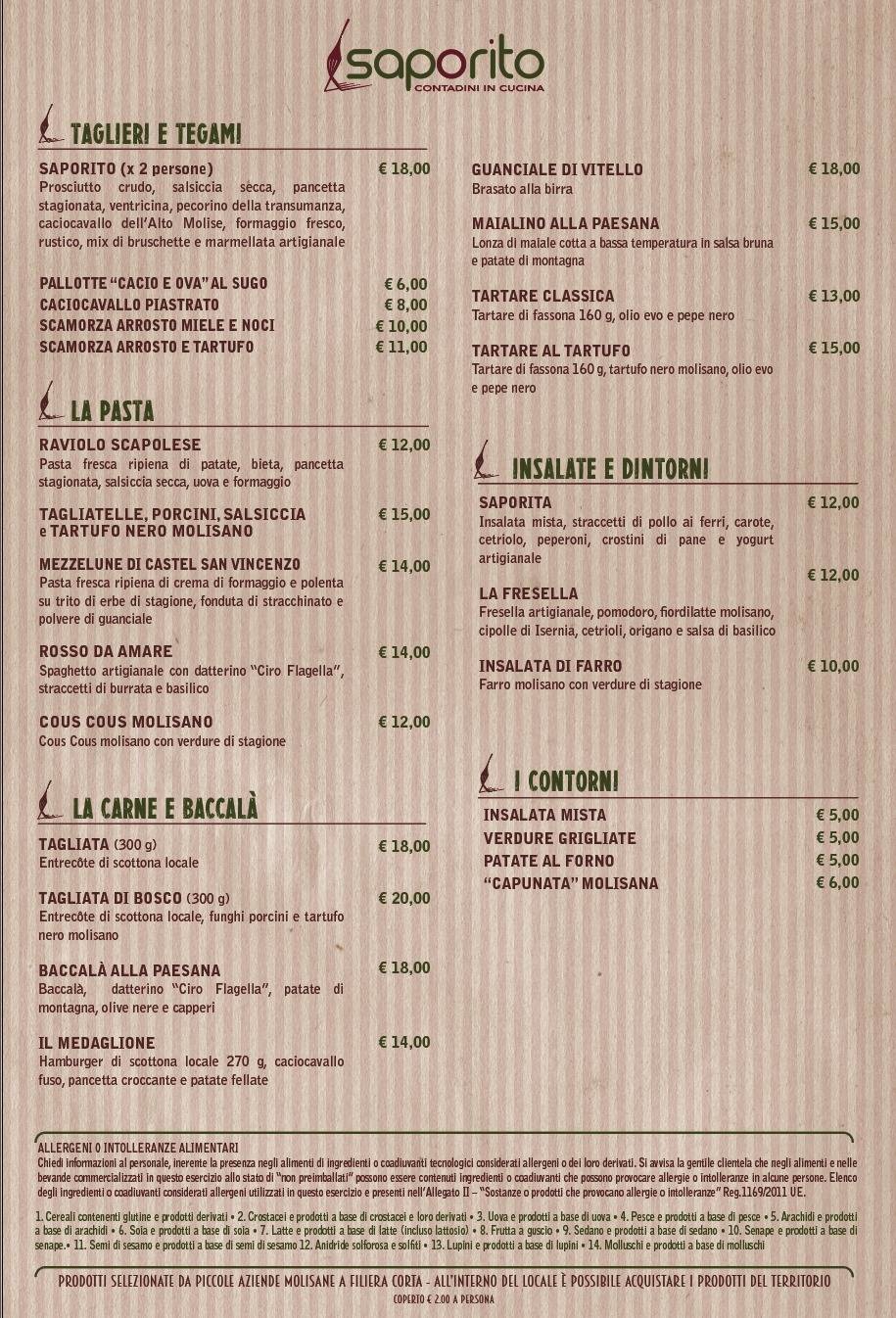 Speisekarte von Saporito restaurant, Castel San Vincenzo