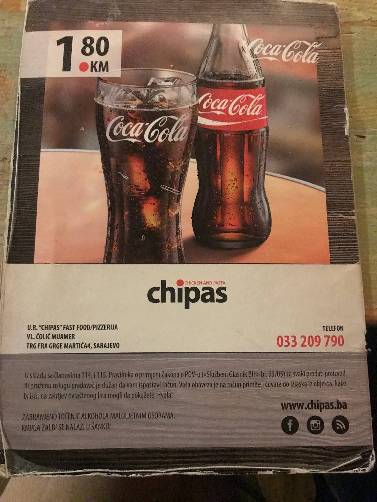 Menu at Chipas restaurant, Sarajevo