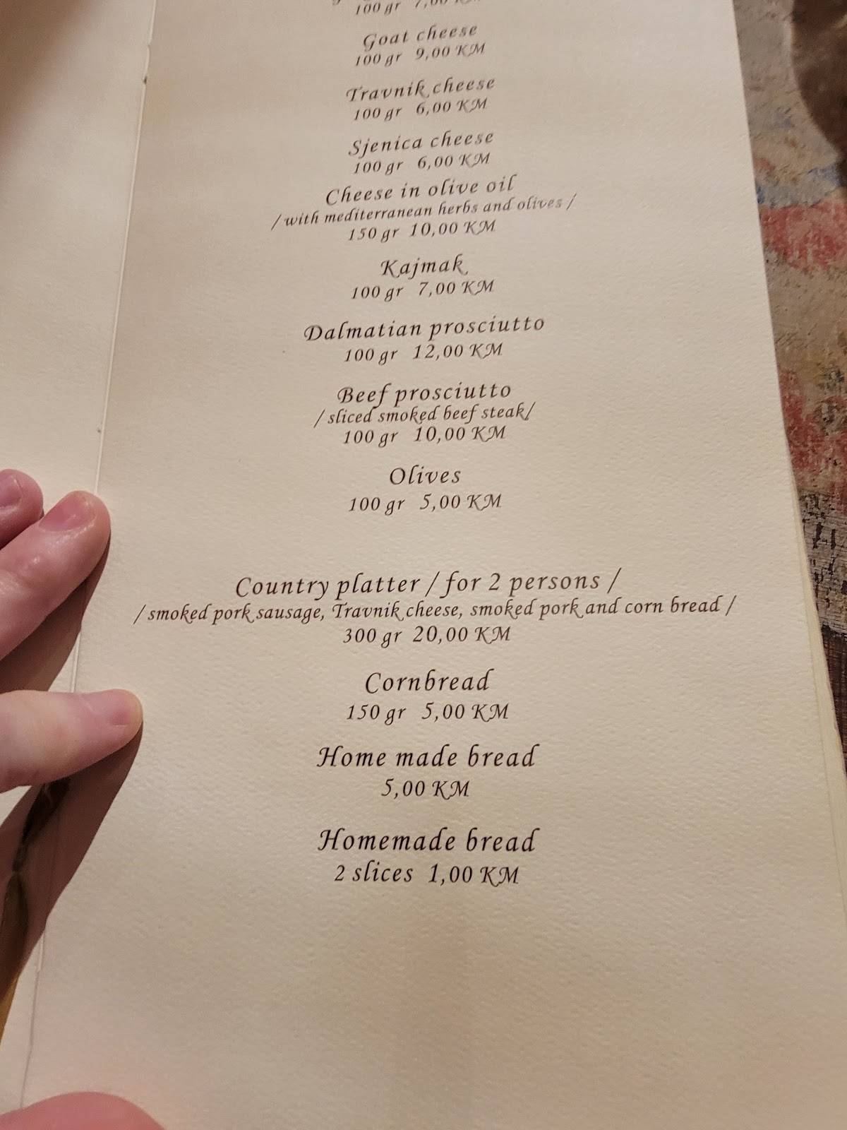 Menu at Dveri restaurant, Sarajevo