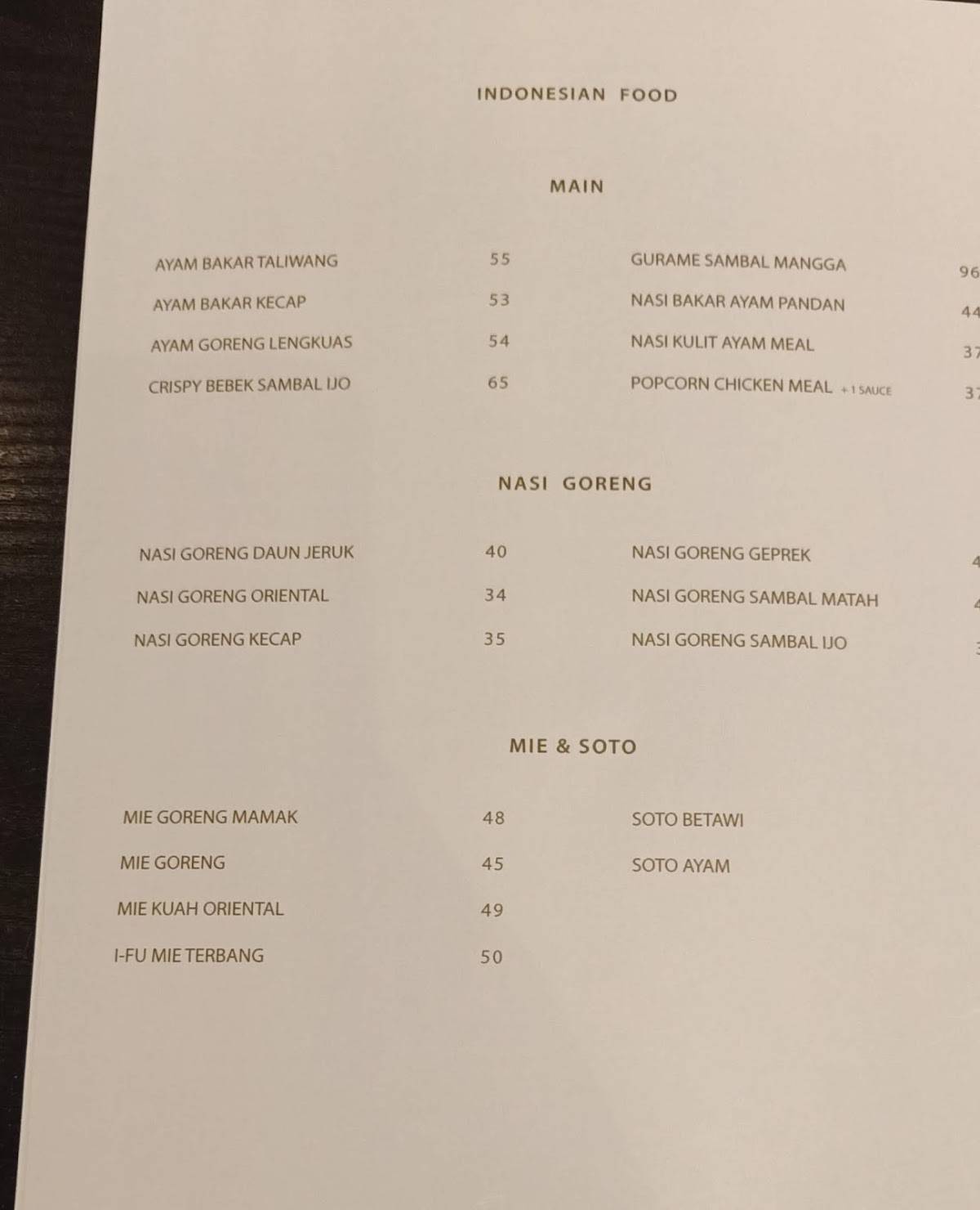 Menu at Satu Meja restaurant, West Jakarta