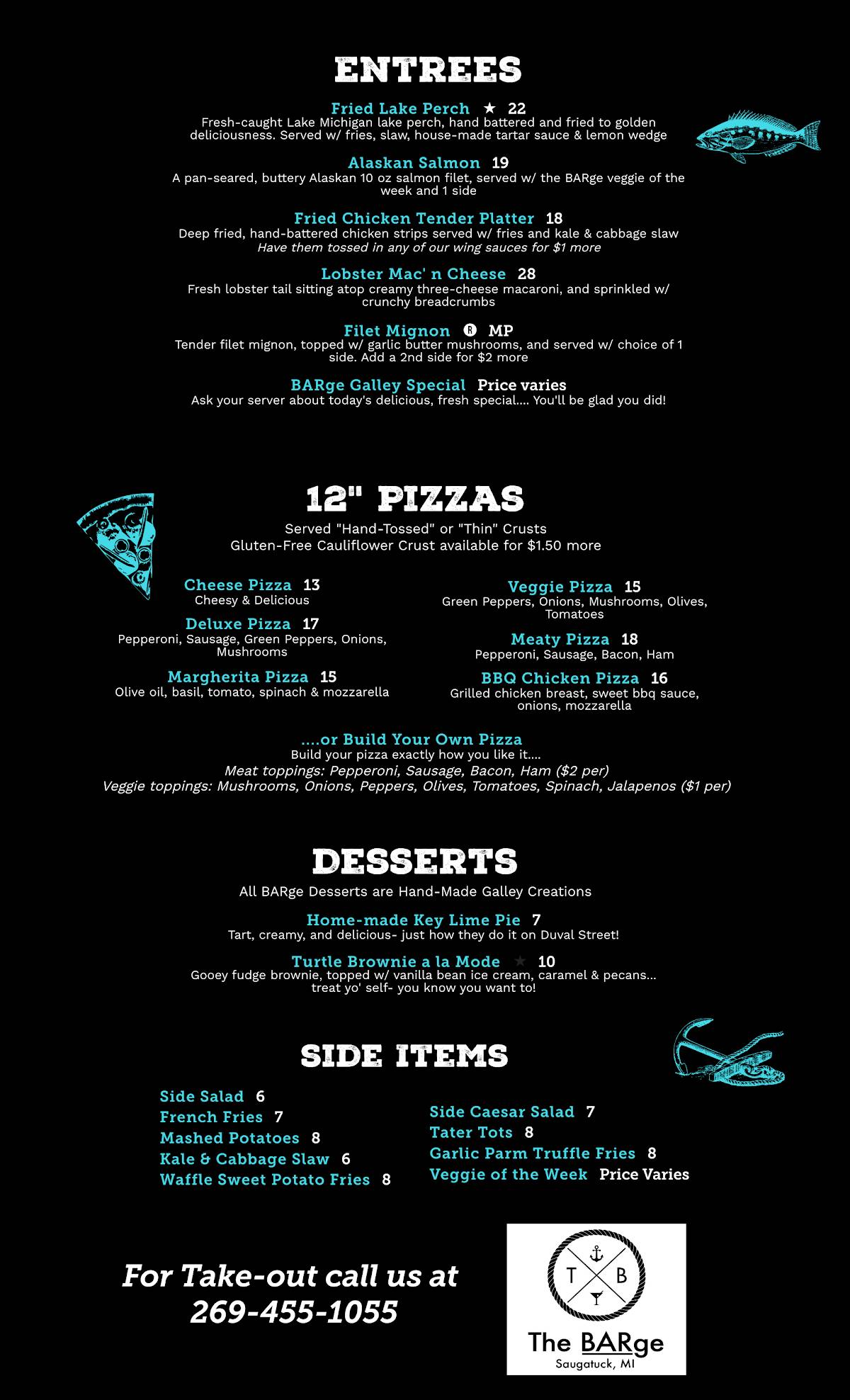 Menu at The BARge, Saugatuck
