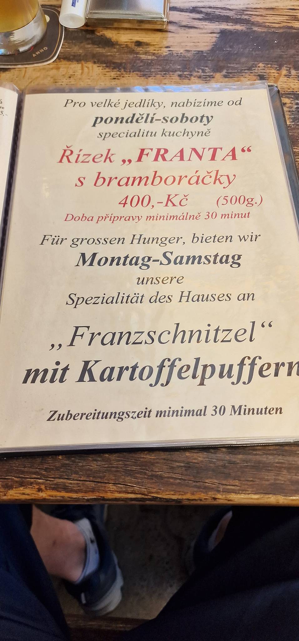Menu at Schnitzel Franz restaurant, Skalná