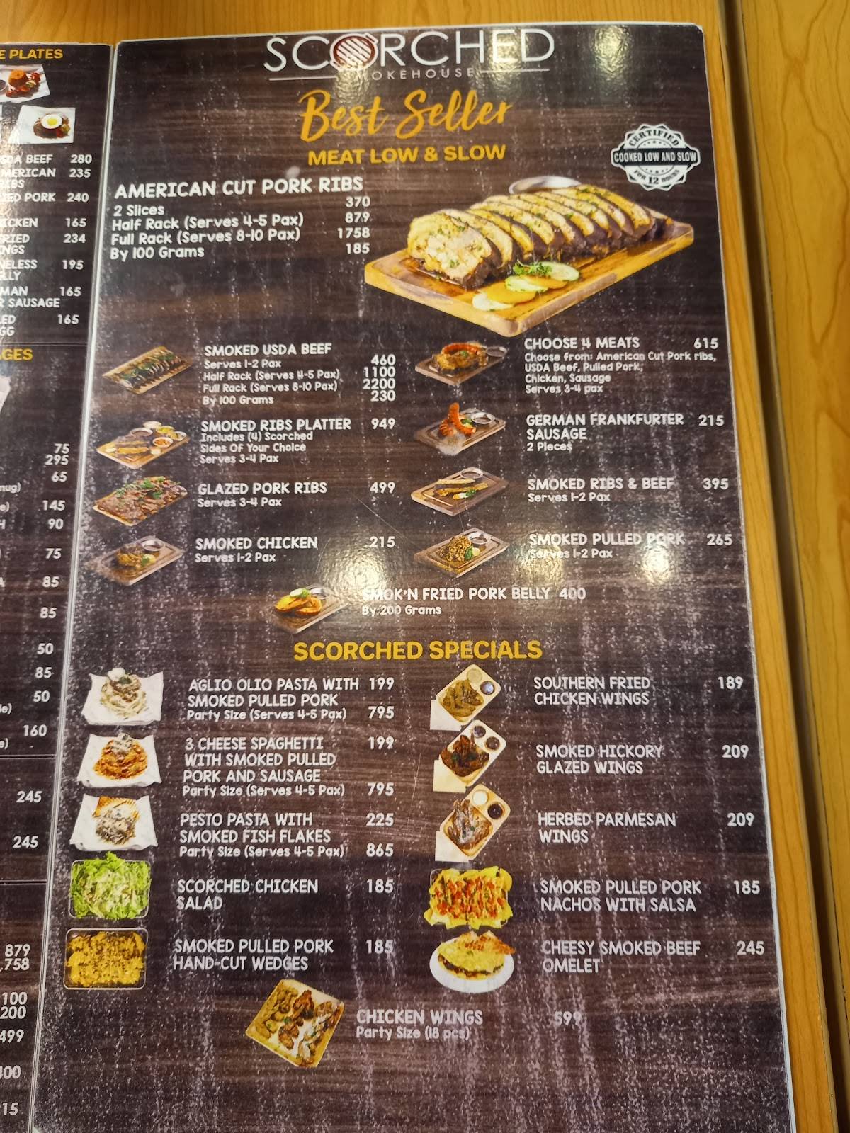 Menu at Scorched Smokehouse restaurant, Tanza