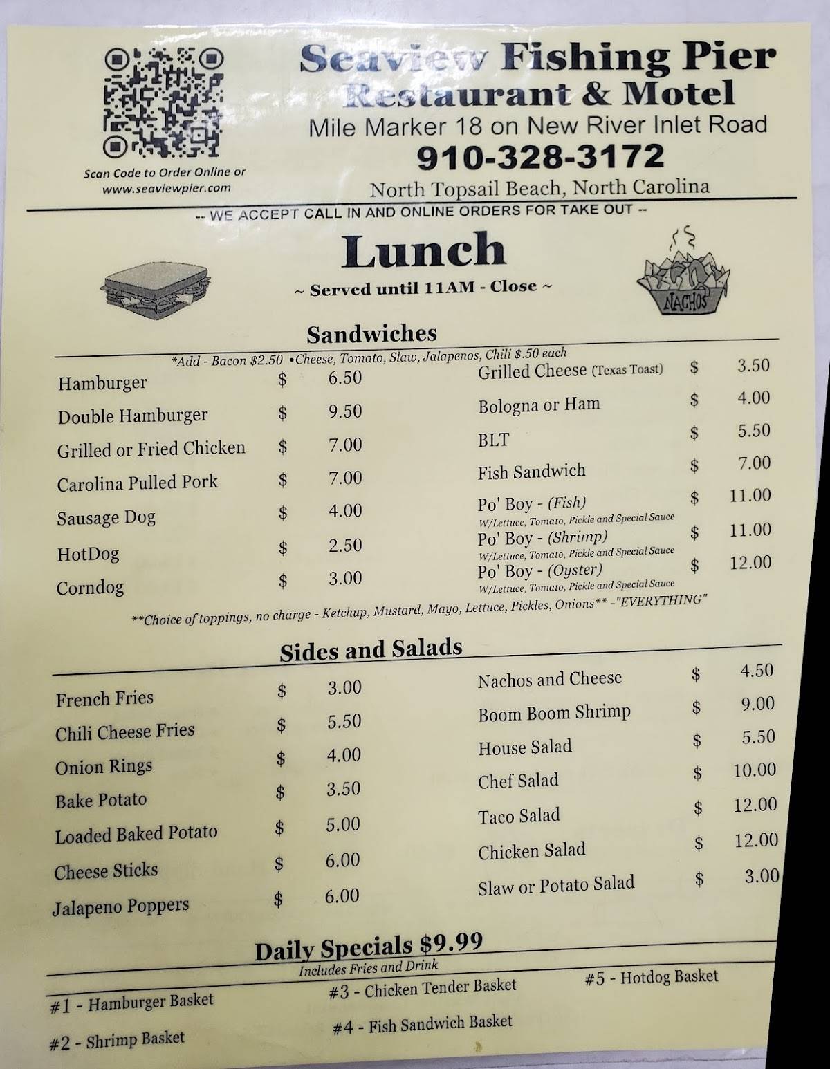Menu at Seaview Pier Restaurant, North Topsail Beach
