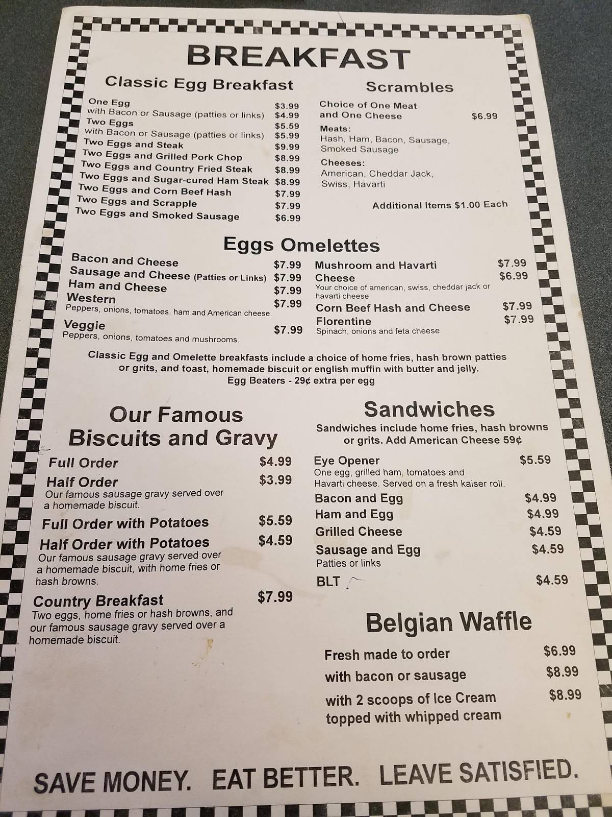 Menu at Sebring Diner restaurant, Sebring, US Hwy 27 S
