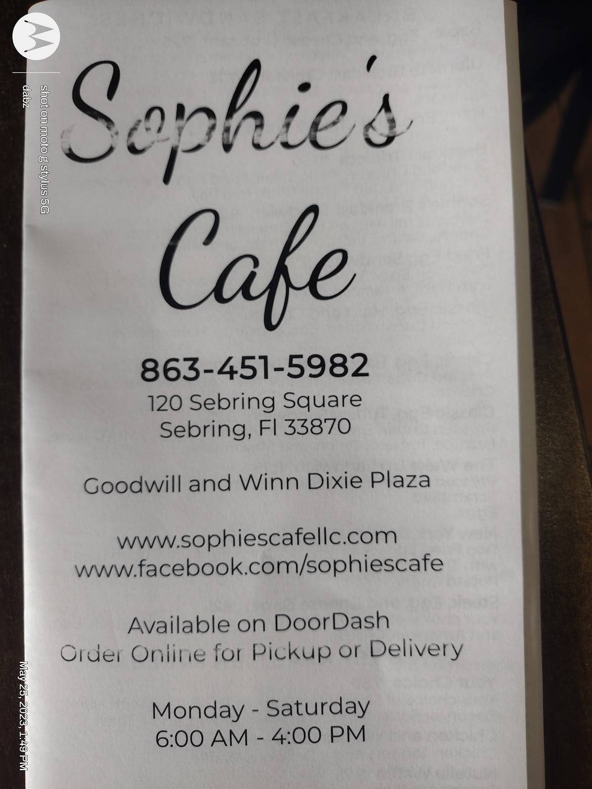 Menu at Sophie’s Cafe, Sebring