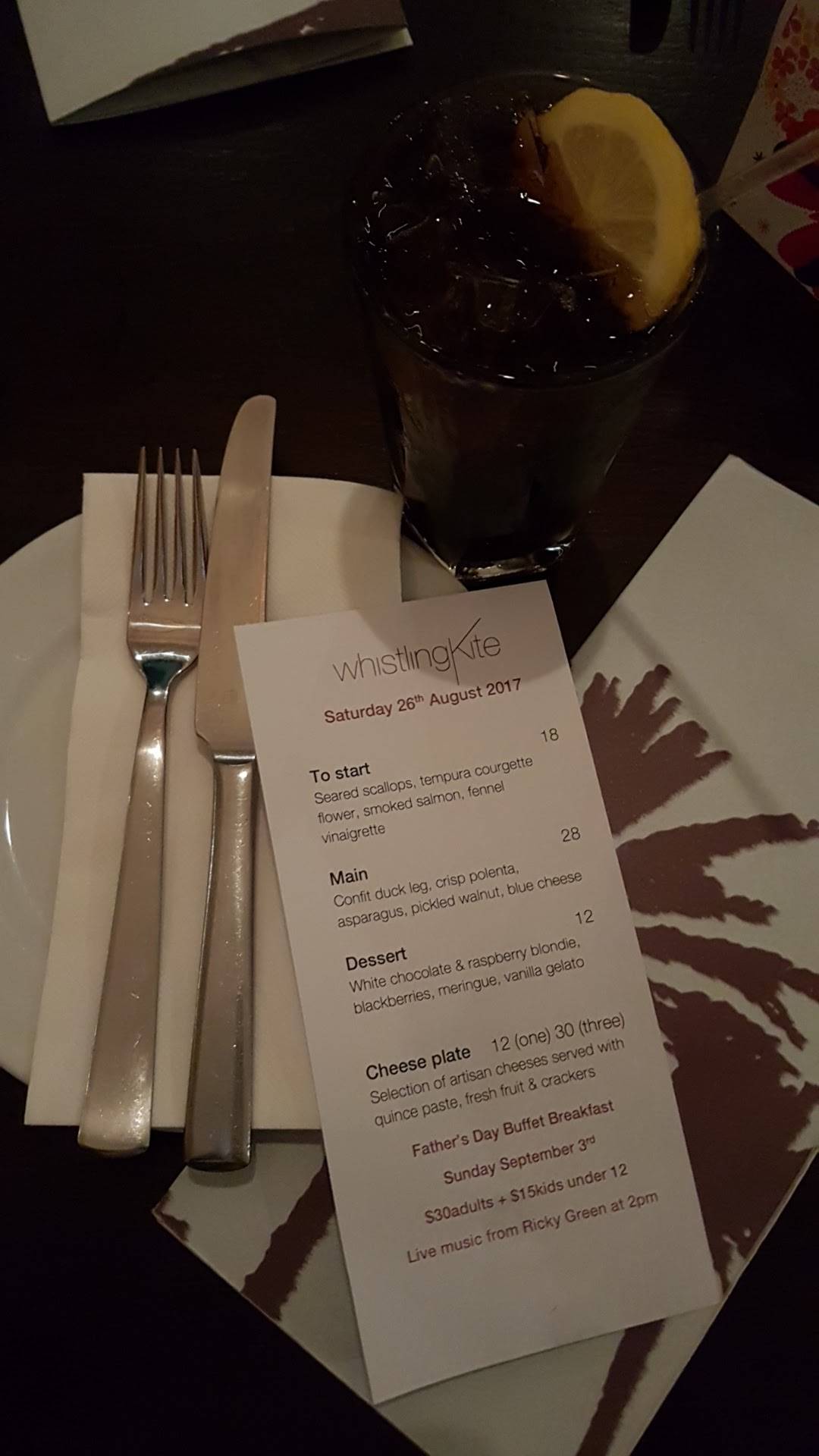 Menu at Whistling Kite restaurant, Secret Harbour