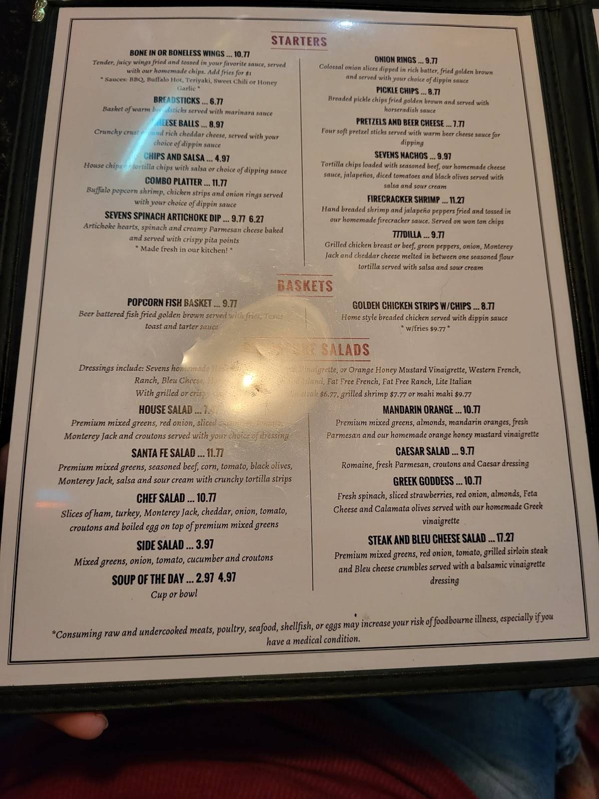 Menu at Sevens Restaurant & Steakhouse, Clear Lake, 305 Main Ave