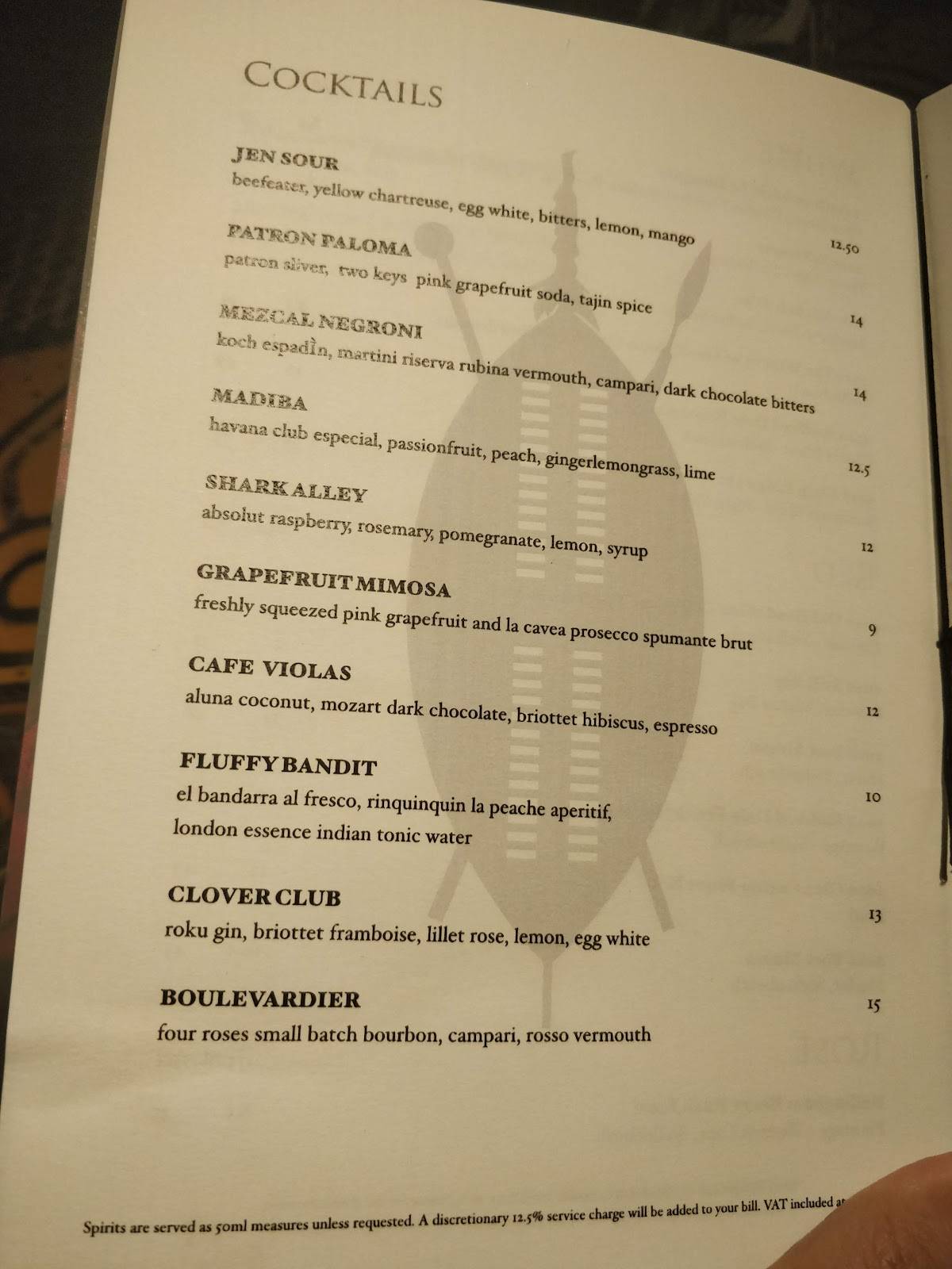 Menu at Shaka Zulu restaurant, London