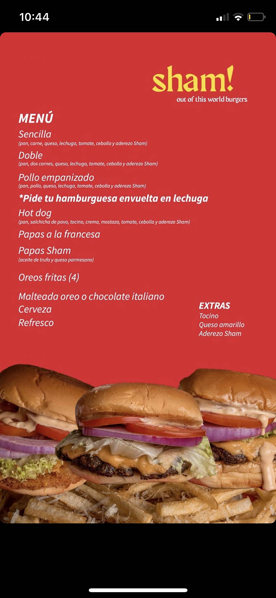 Menu at Sham Burgers restaurant, Zapopan
