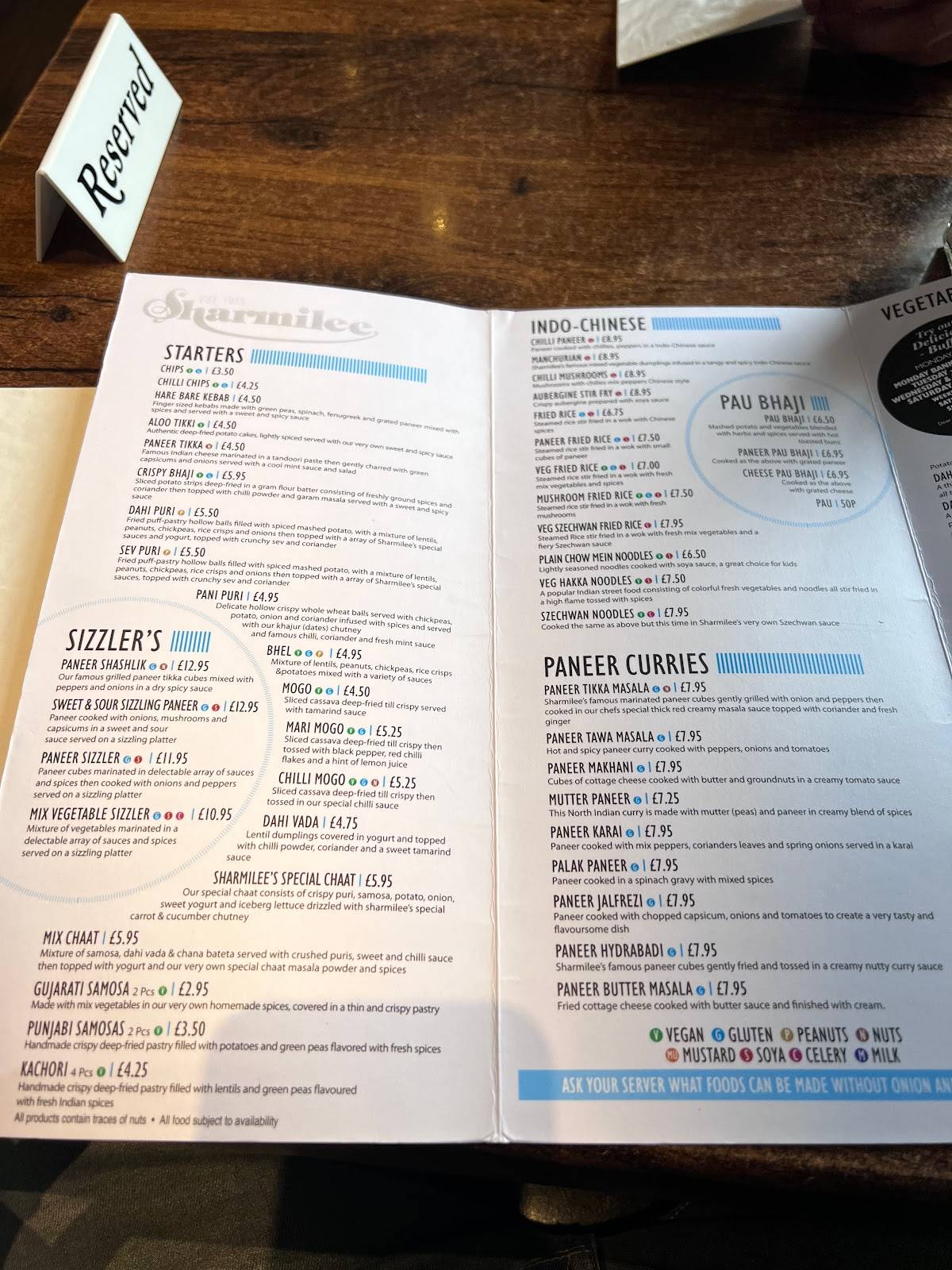 Menu at Sharmilee restaurant, Leicester