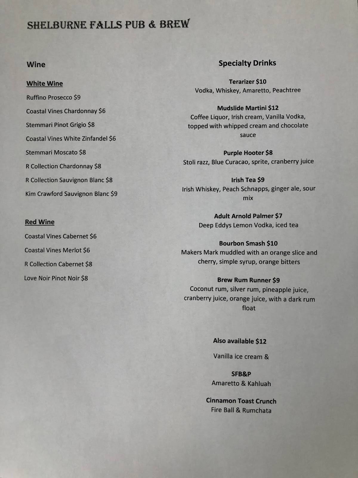 Menu at Shelburne Falls Pub and Brew at the Sweetheart, Shelburne Falls