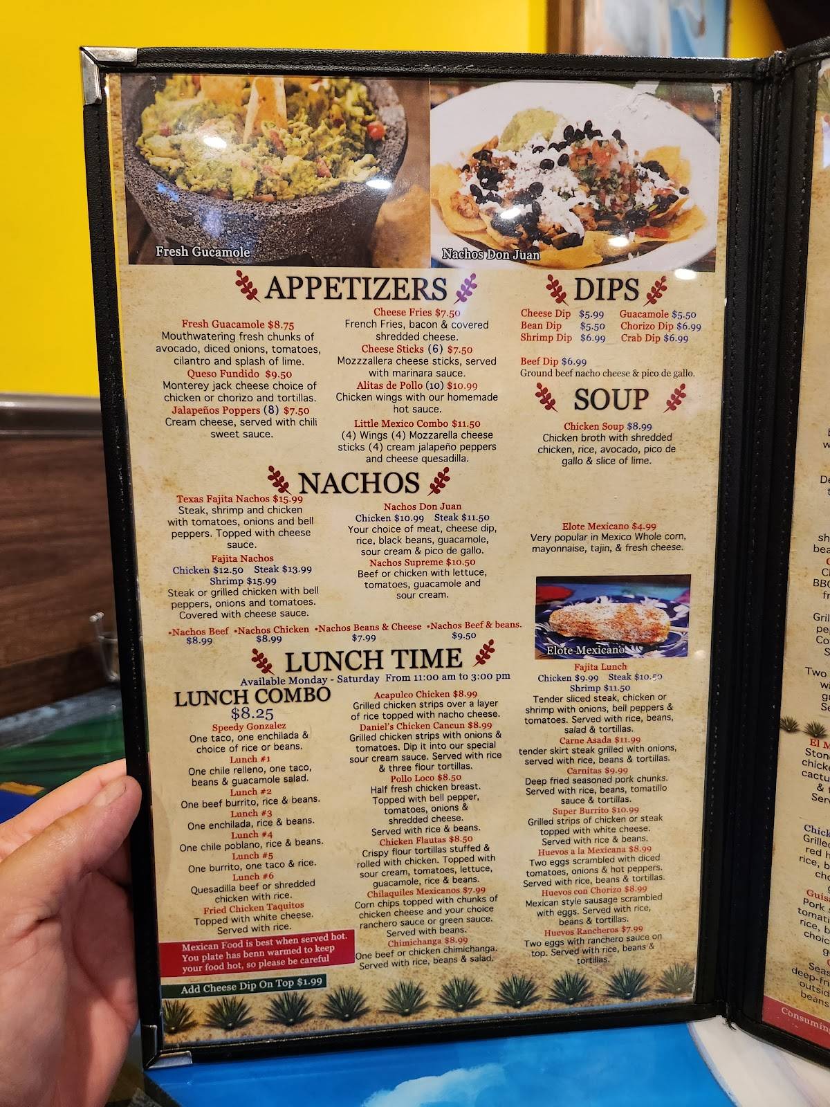 Menu at Daniel's Little Mexico restaurant, Shepherdsville