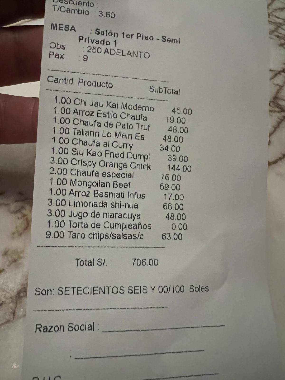 Carta del restaurante Shi-Nua, Lima