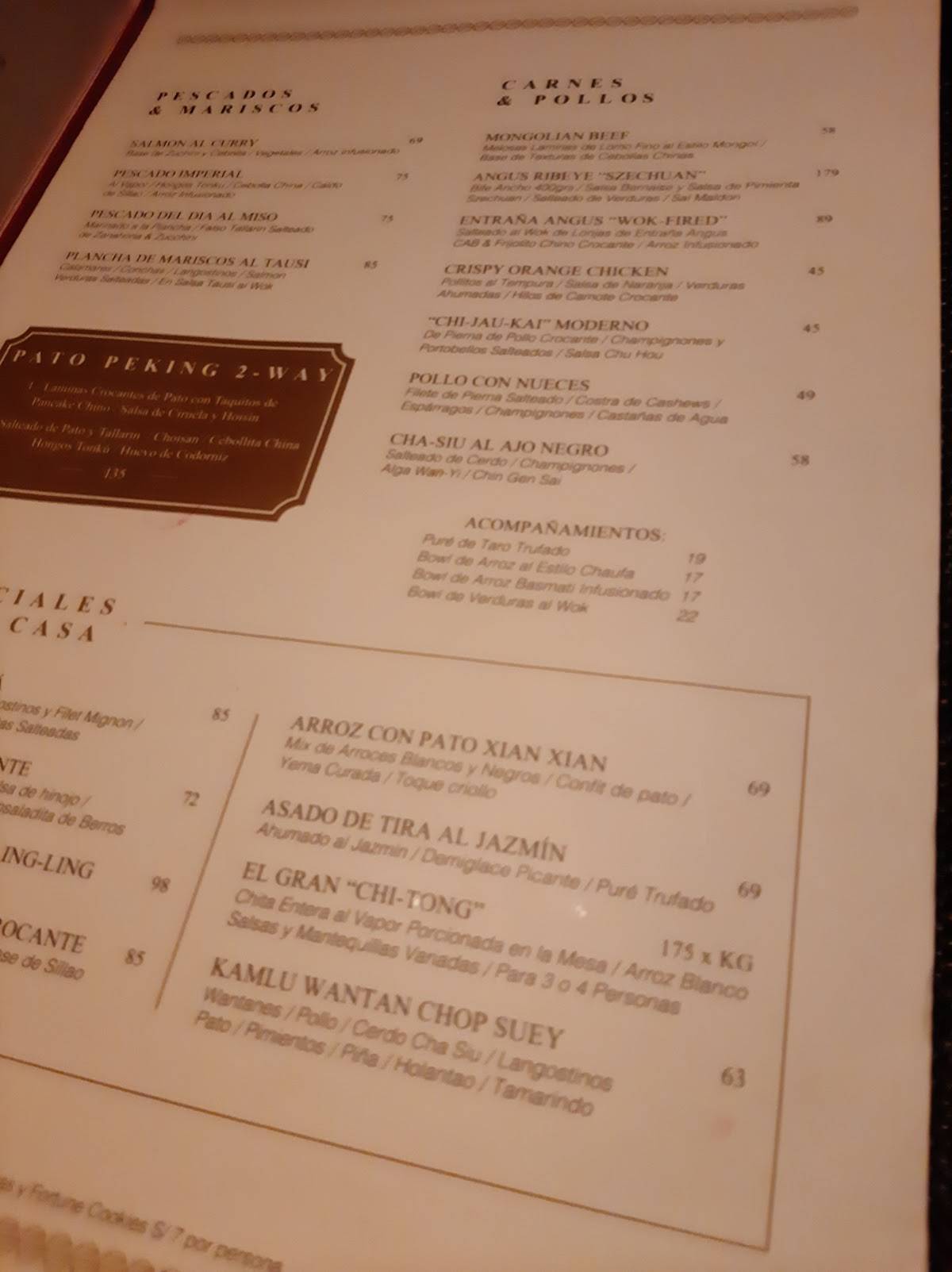 Carta del restaurante Shi-Nua, Lima