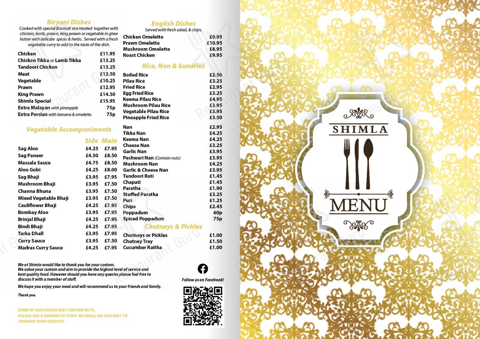 Menu at Shimla Restaurant, Sutton Coldfield, 9 Mere Green Rd