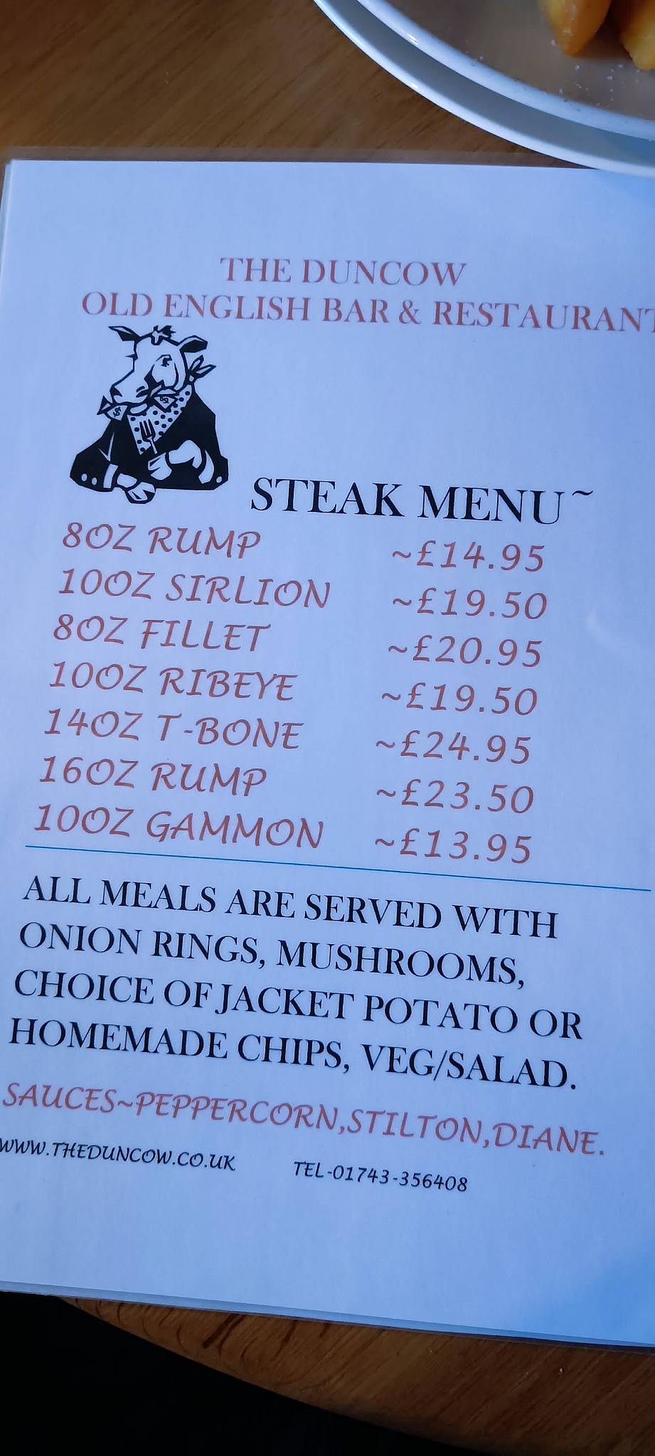 Menu at The Dun Cow pub & bar, Shrewsbury