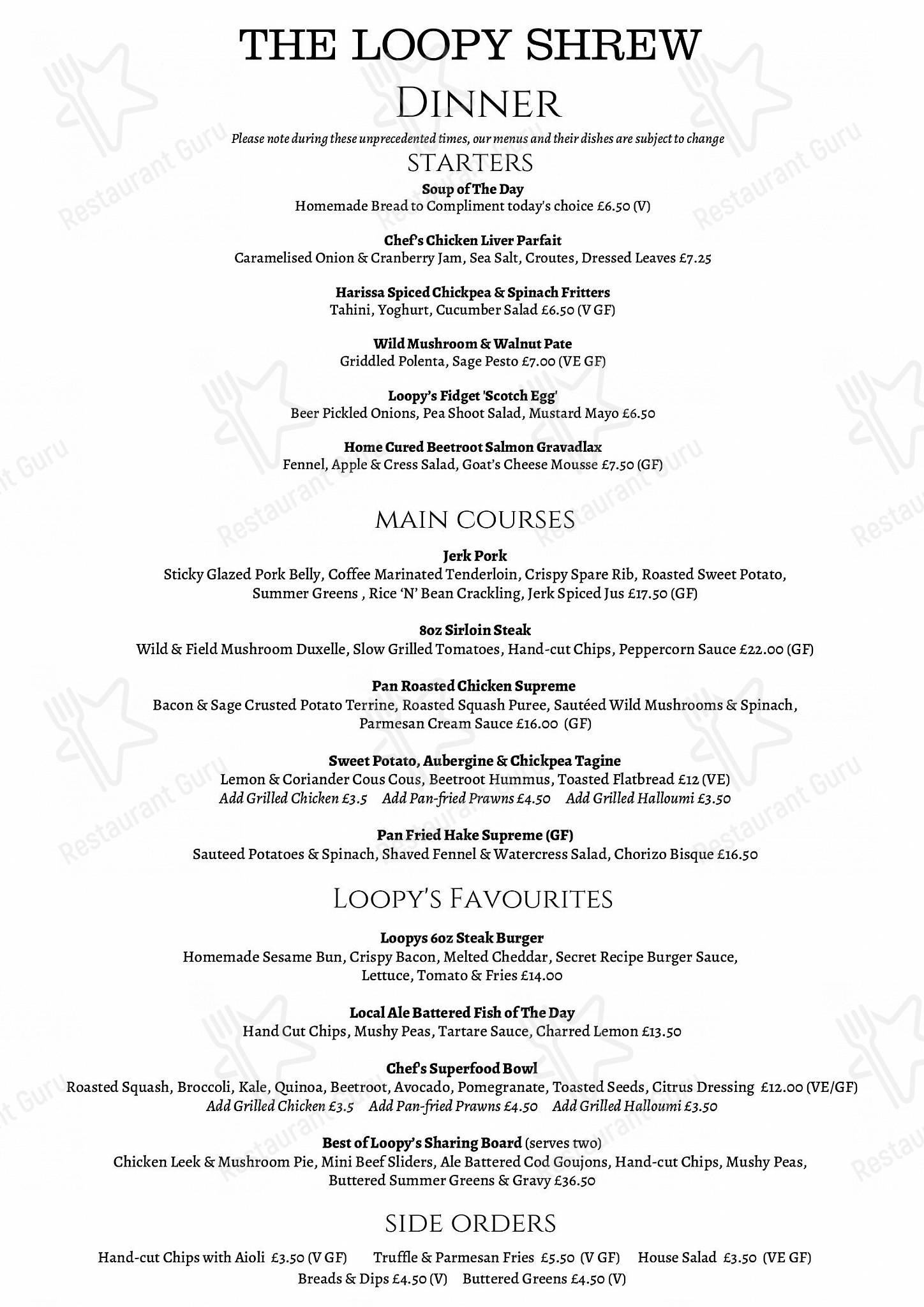Menu at The Loopy Shrew pub & bar, Shrewsbury