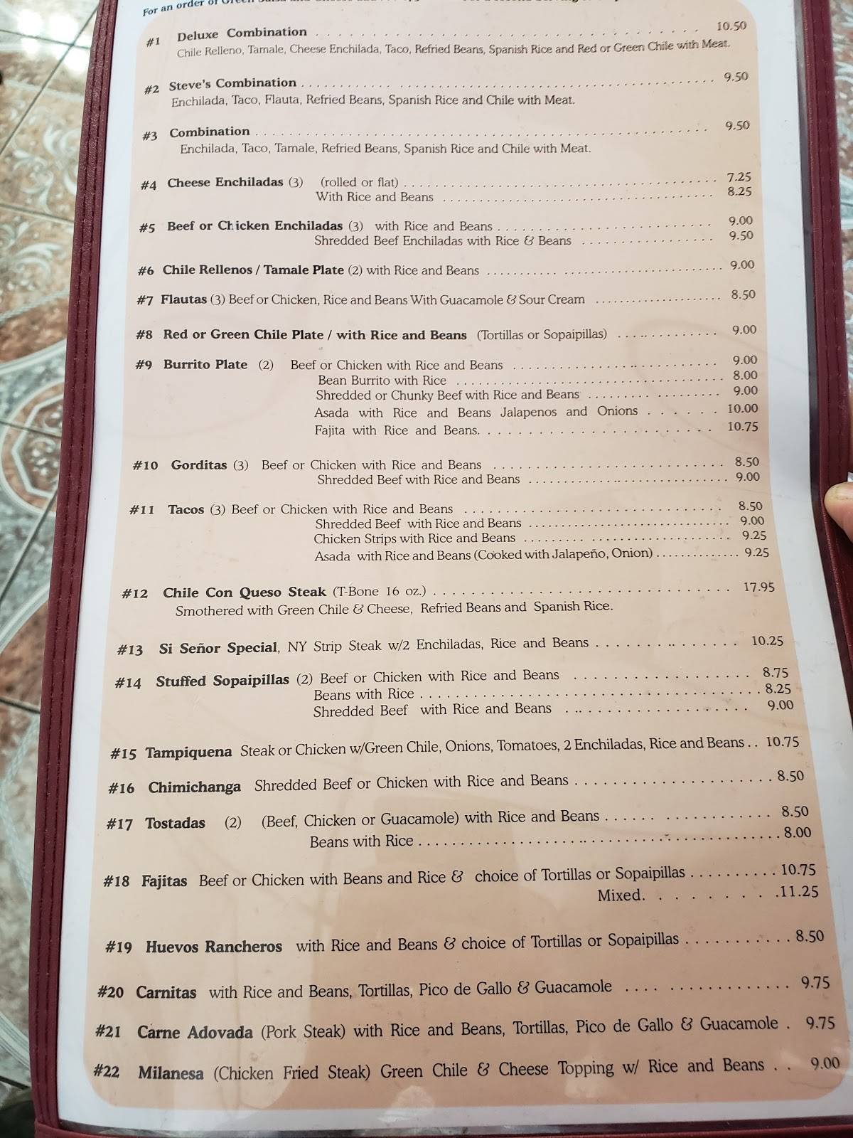 Menu at Si Señor restaurant, Deming