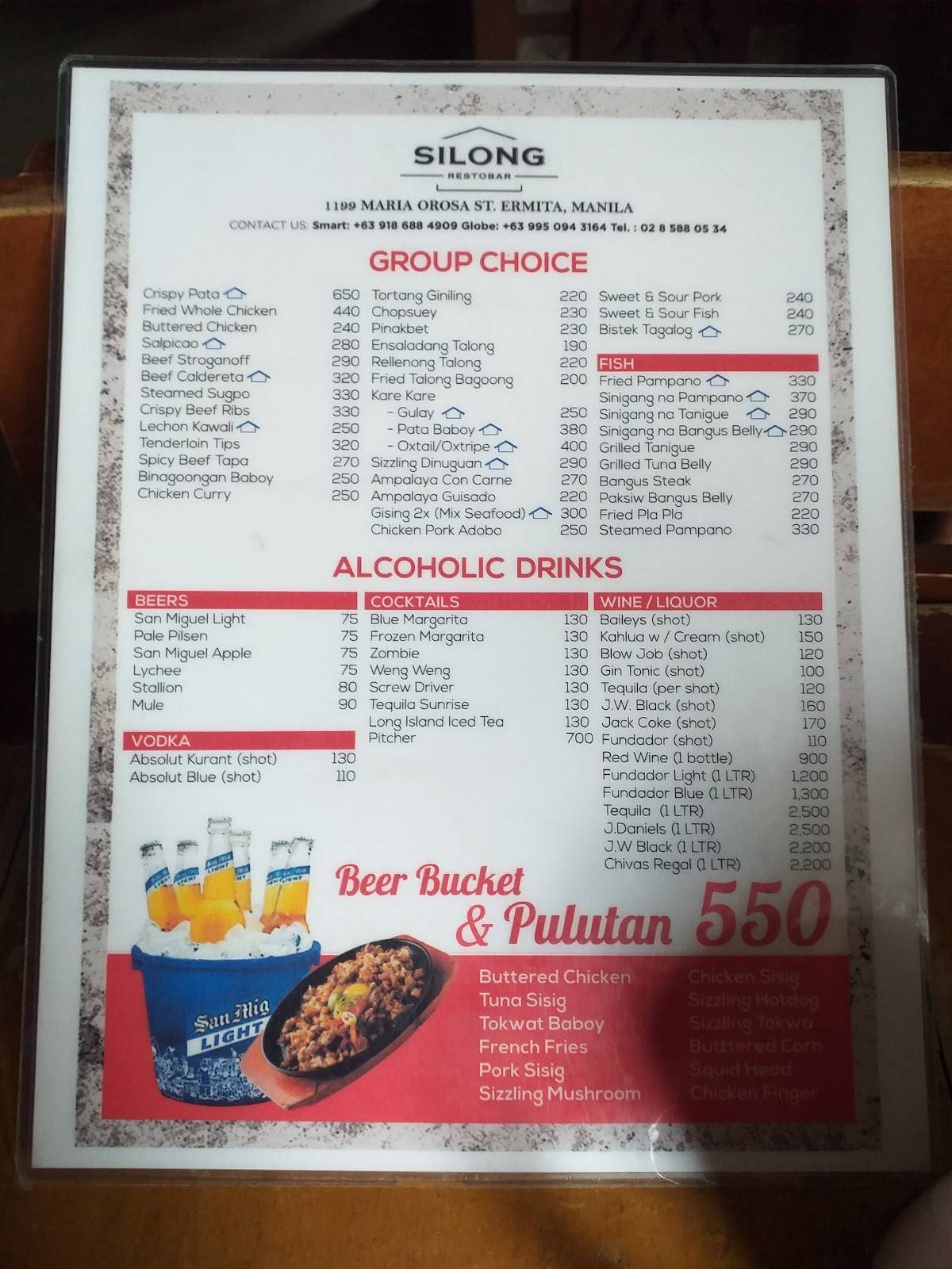 Menu at Silong Restobar, Manila, Ma. Orosa St